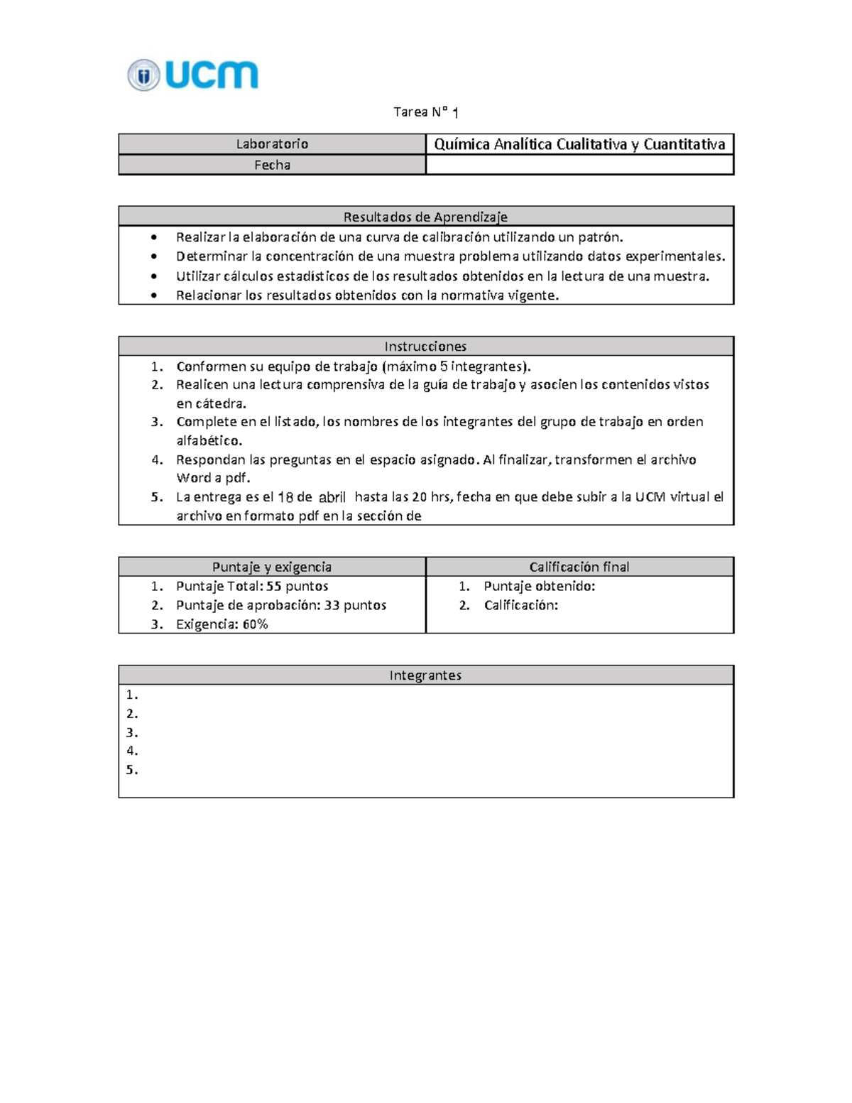Taller 1 - Tarea N° 2 Laboratorio Química Analítica Cualitativa y Cuantitativa Fecha 6 de Mayo ...