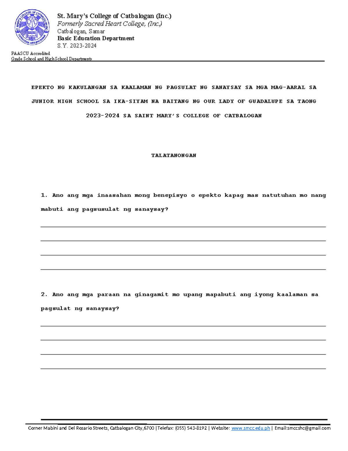 Questionnaire - Talatanungan - St. Mary’s College of Catbalogan (Inc ...