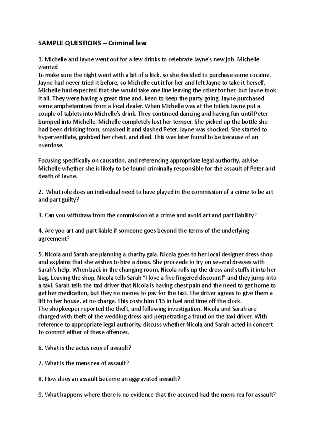 Sample Questions - SAMPLE QUESTIONS – Criminal law 1. Michelle and ...