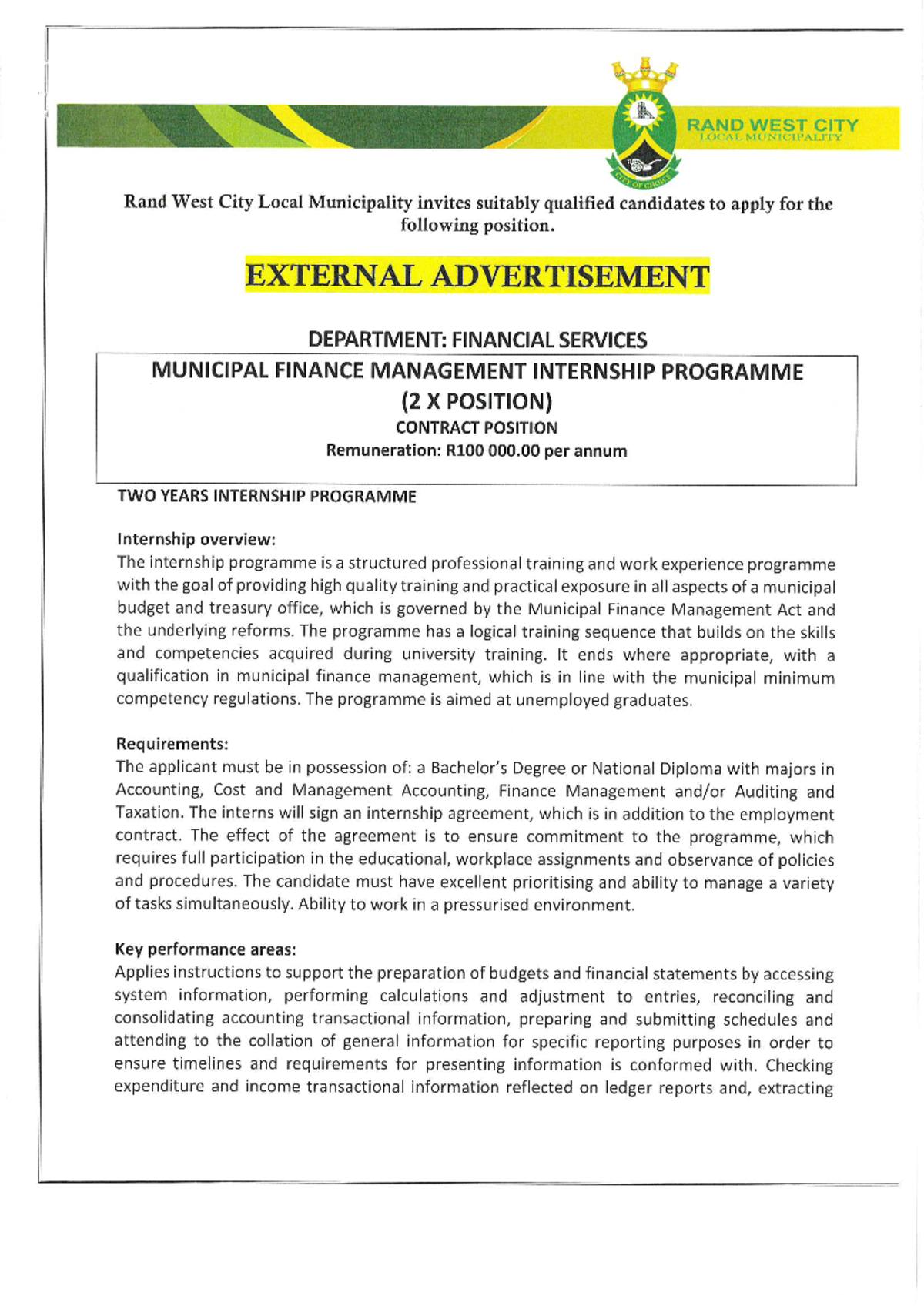 External JOB Advert FMG Internship Programme - DVA3706 - Studocu