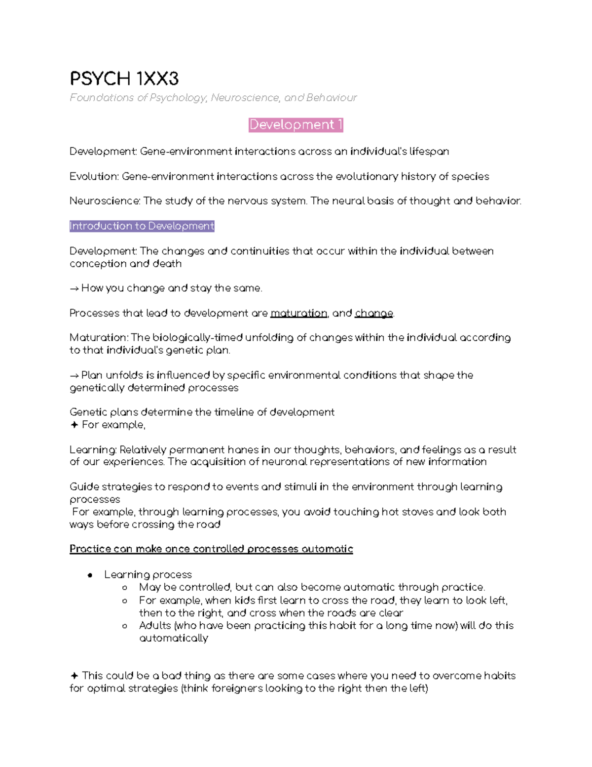 Development Notes - PSYCH 1XX Foundations of Psychology, Neuroscience ...