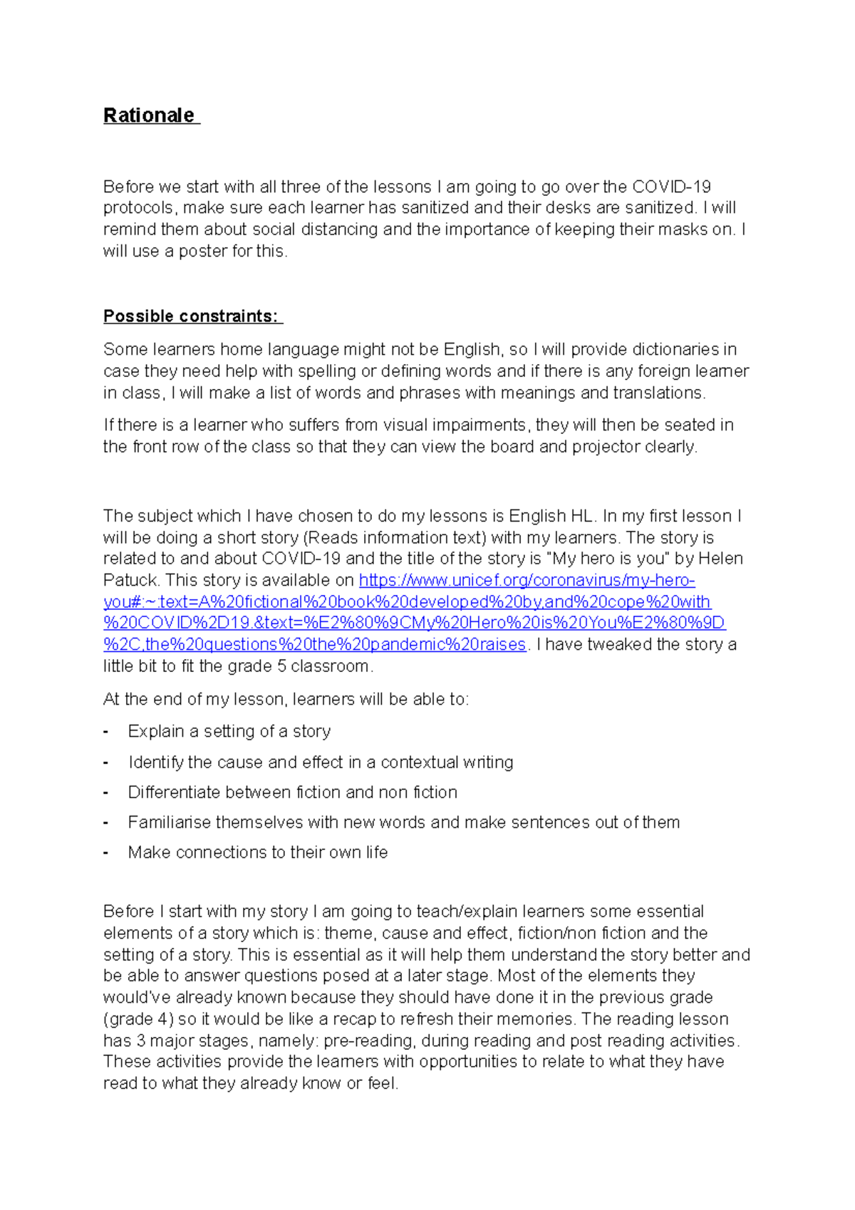 Rationale for an English lesson within a COVID-19 context (online class ...