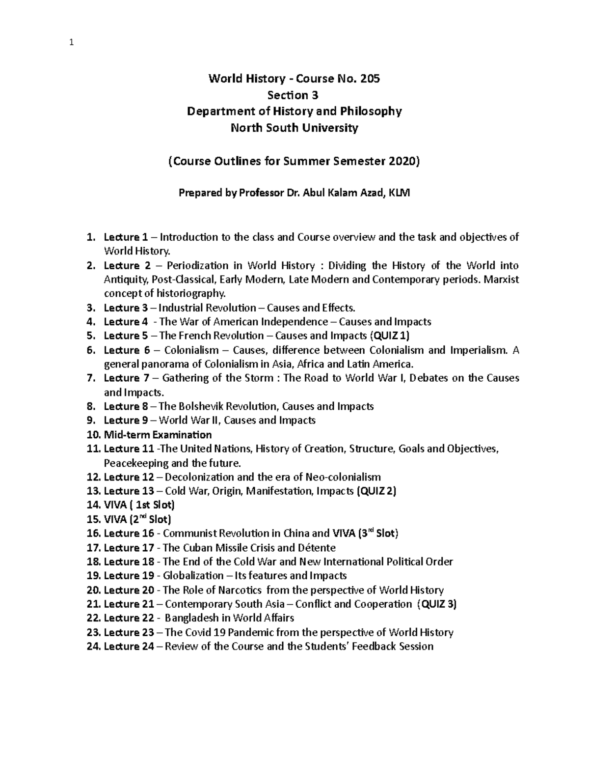 Course outline Spring 20 - 1 World History - Course No. 205 Section 3 ...
