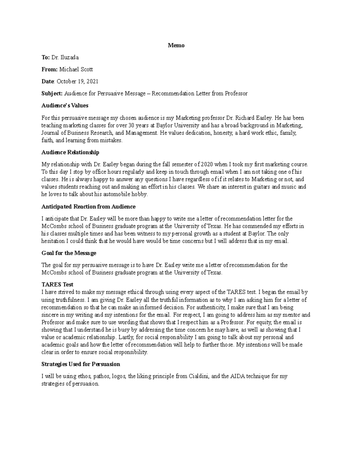 Persuasive Message - Memo To: Dr. Iluzada From: Michael Scott Date ...