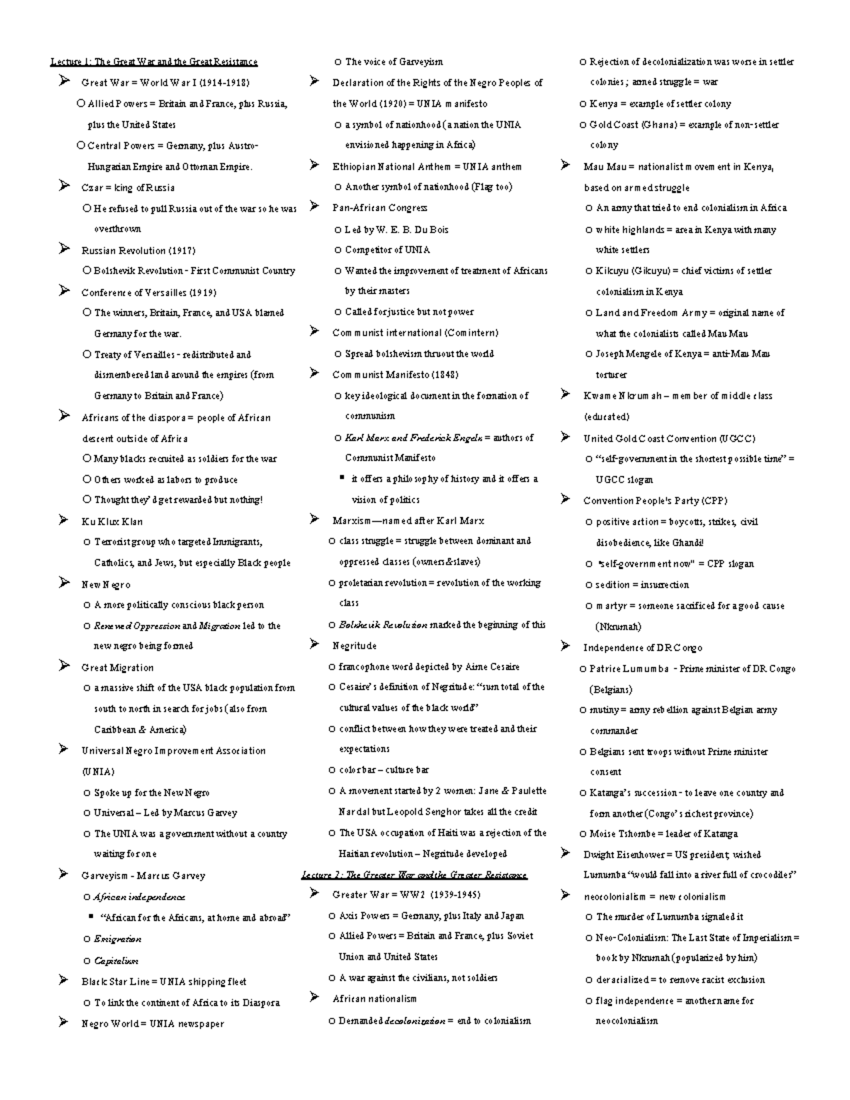 Cheat Sheet EXAM 3 - Lecture 1: The Great War and the Great Resistance ...