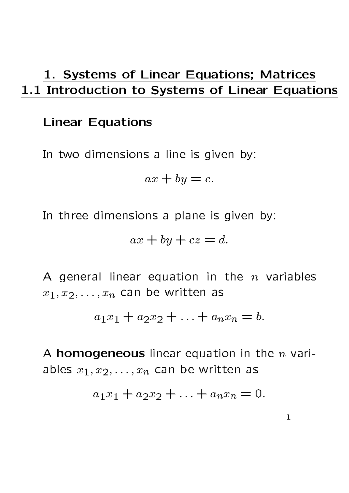 MAT2A201 - Chapter 1 Lecture Notes - Systems of Linear Equations ...