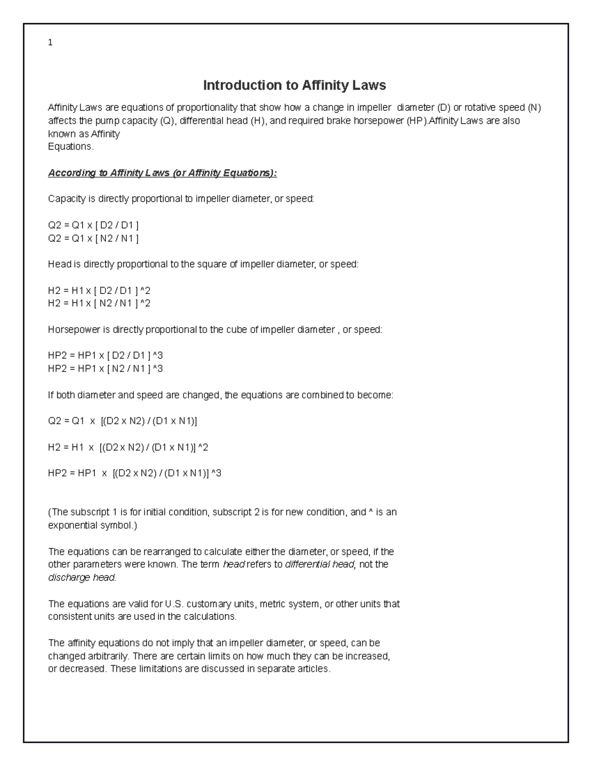 Introduction to Affinity Laws - Introduction to Affinity Laws Affinity ...