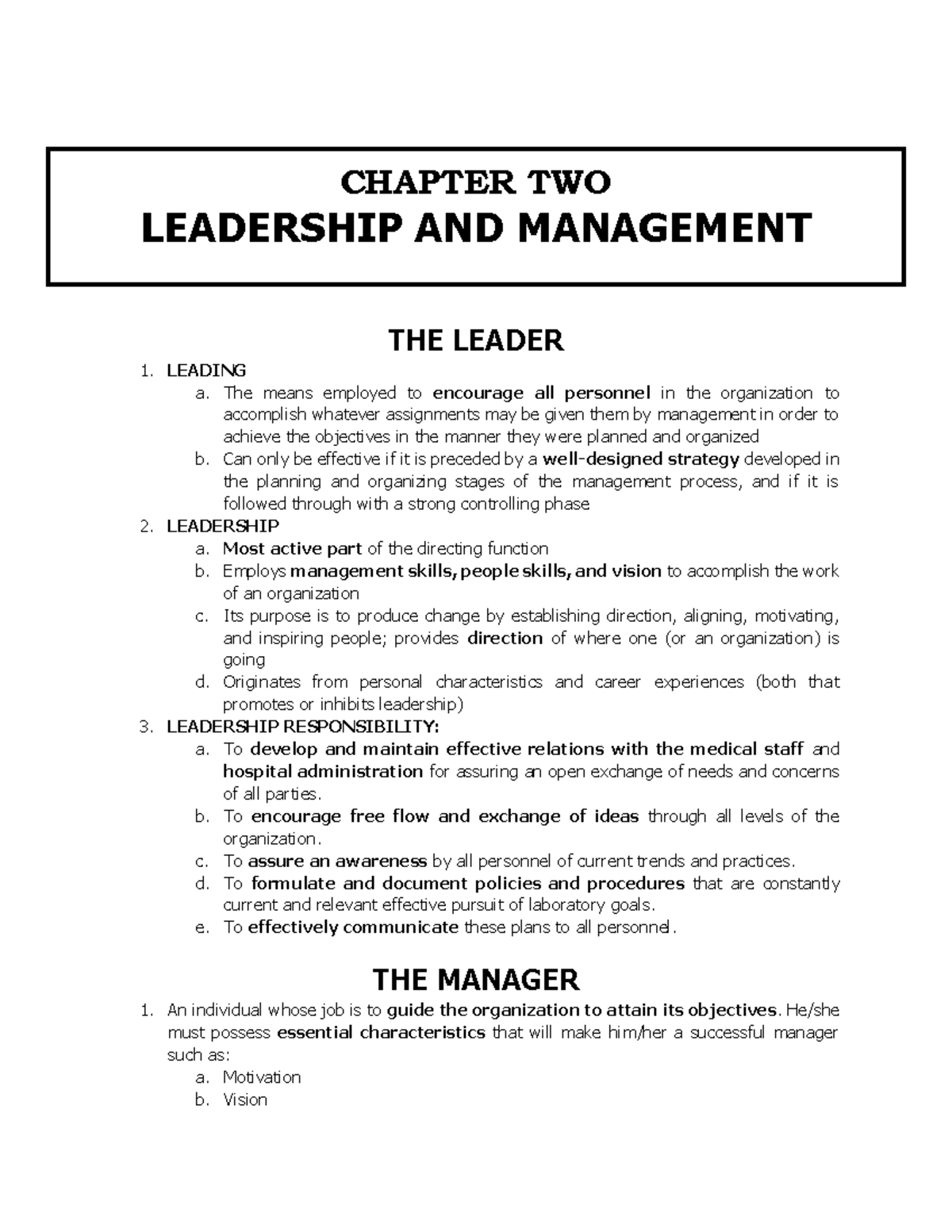 Prelim- Chapter-2 - notes - THE LEADER 1. LEADING a. The means employed ...