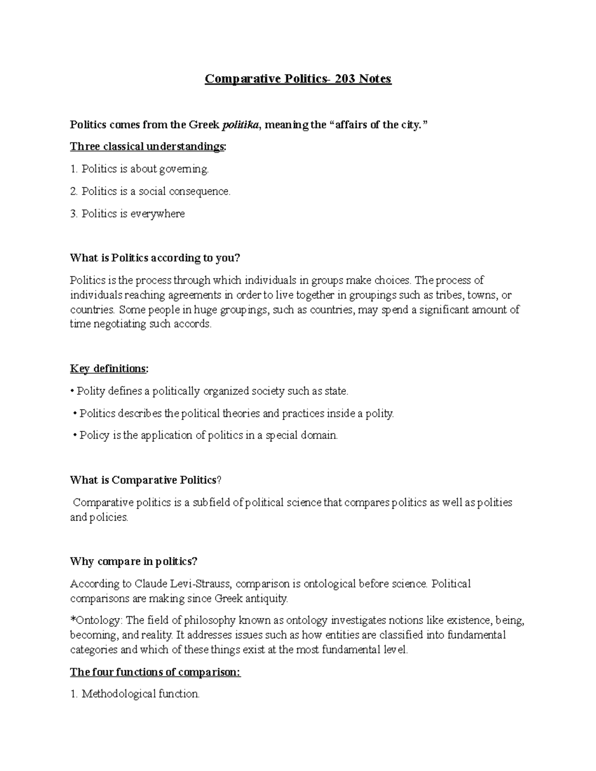Final Exam Notes - Comparative Politics- 203 Notes Politics comes from ...