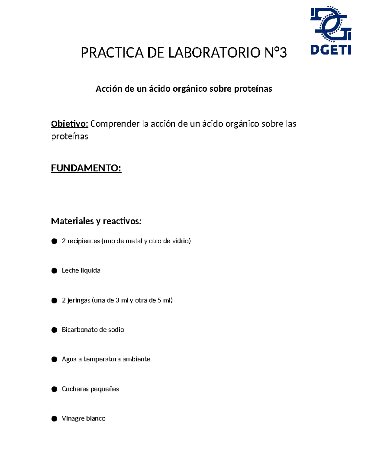 Practica DE Laboratorio N°3 - Química I - PRACTICA DE LABORATORIO N° Acción de un ácido orgánico ...