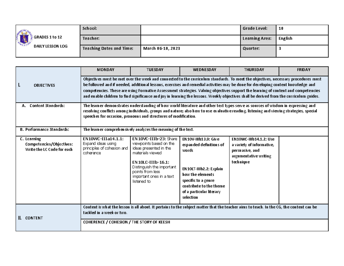 DLL March 06-10-2023 - DLL - GRADES 1 to 12 DAILY LESSON LOG School ...