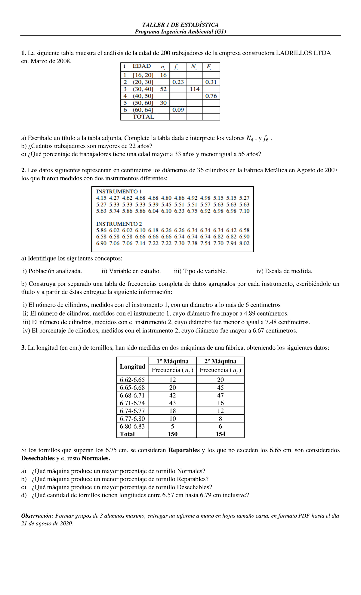 Taller 1 Estadística - Warning: TT: undefined function: 32 TALLER 1 DE ESTADÍSTICA Programa ...