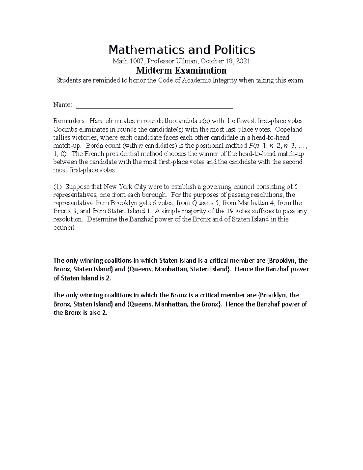 Practice midterm 23 - Mathematics and Politics Math 1007, Professor ...