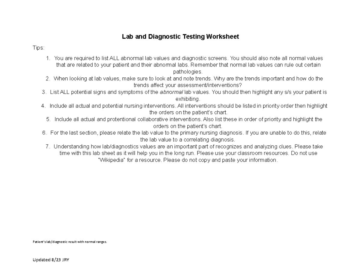 Lab sheet W3 Nsg1600 - clinical paperwork - Lab and Diagnostic Testing ...