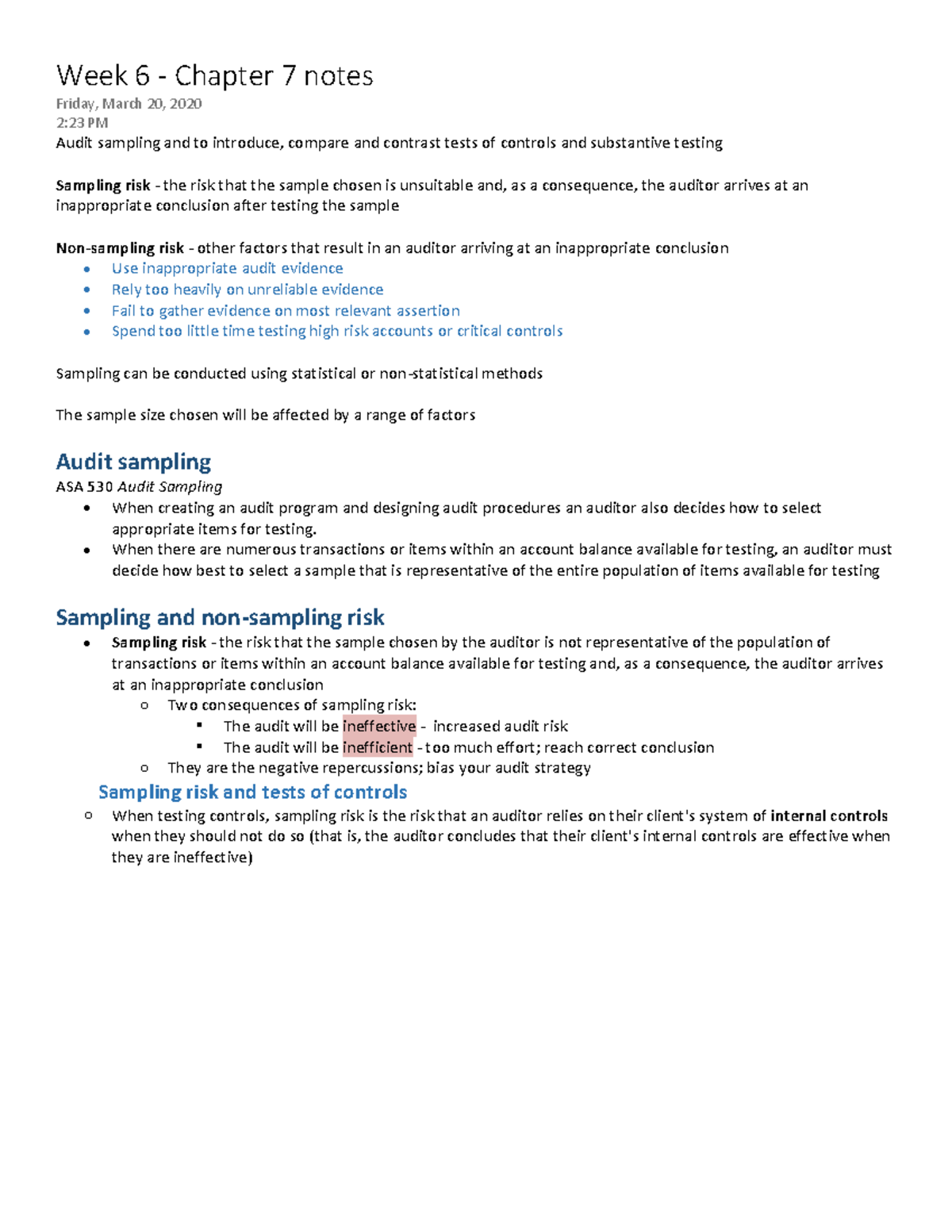 Audit and Assurance ACC3600 Week 6 Notes - Week 6 - Chapter 7 notes ...