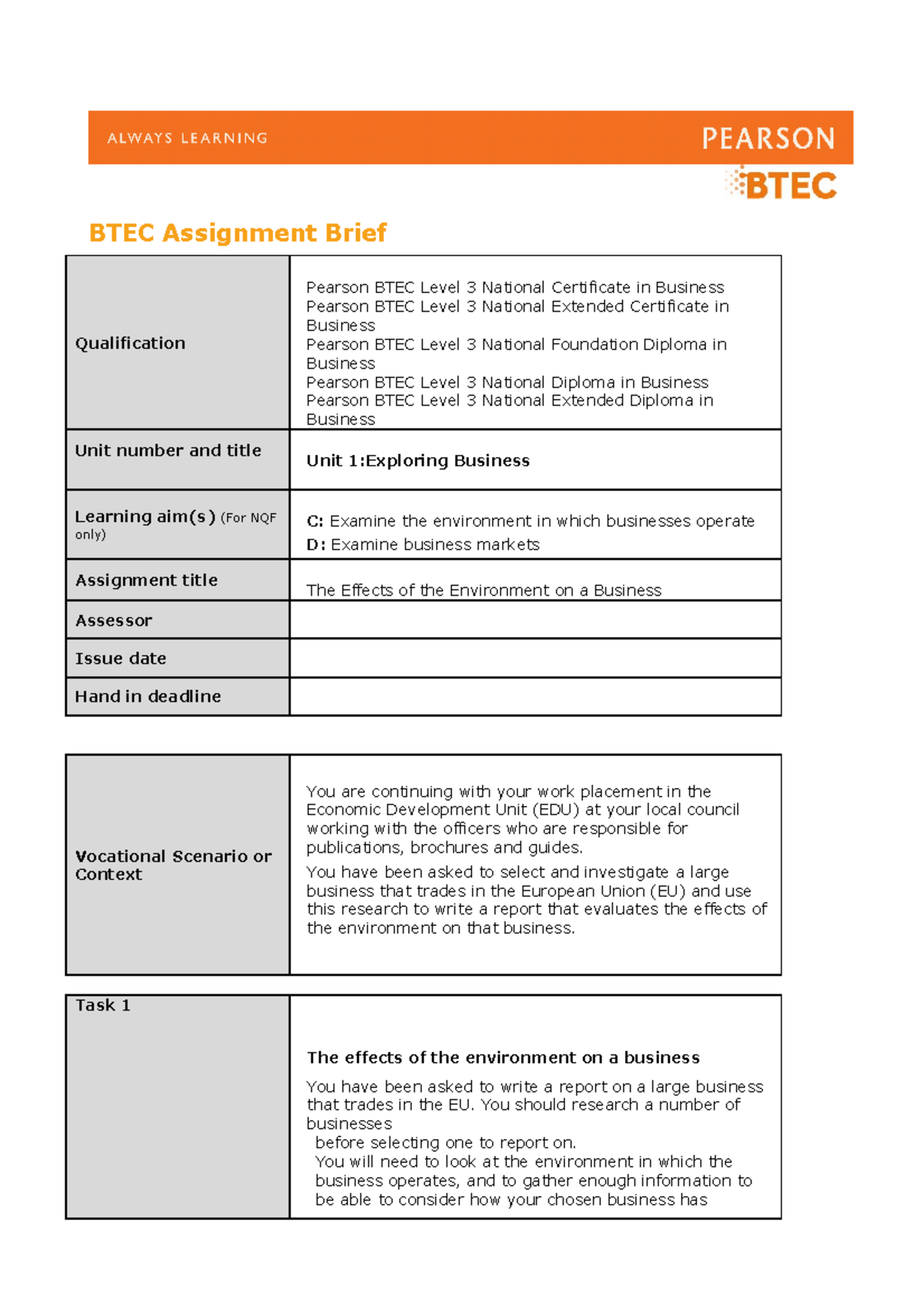 Assignment Brief for Learning Aims C and D, Unit 1 Exploring Business ...
