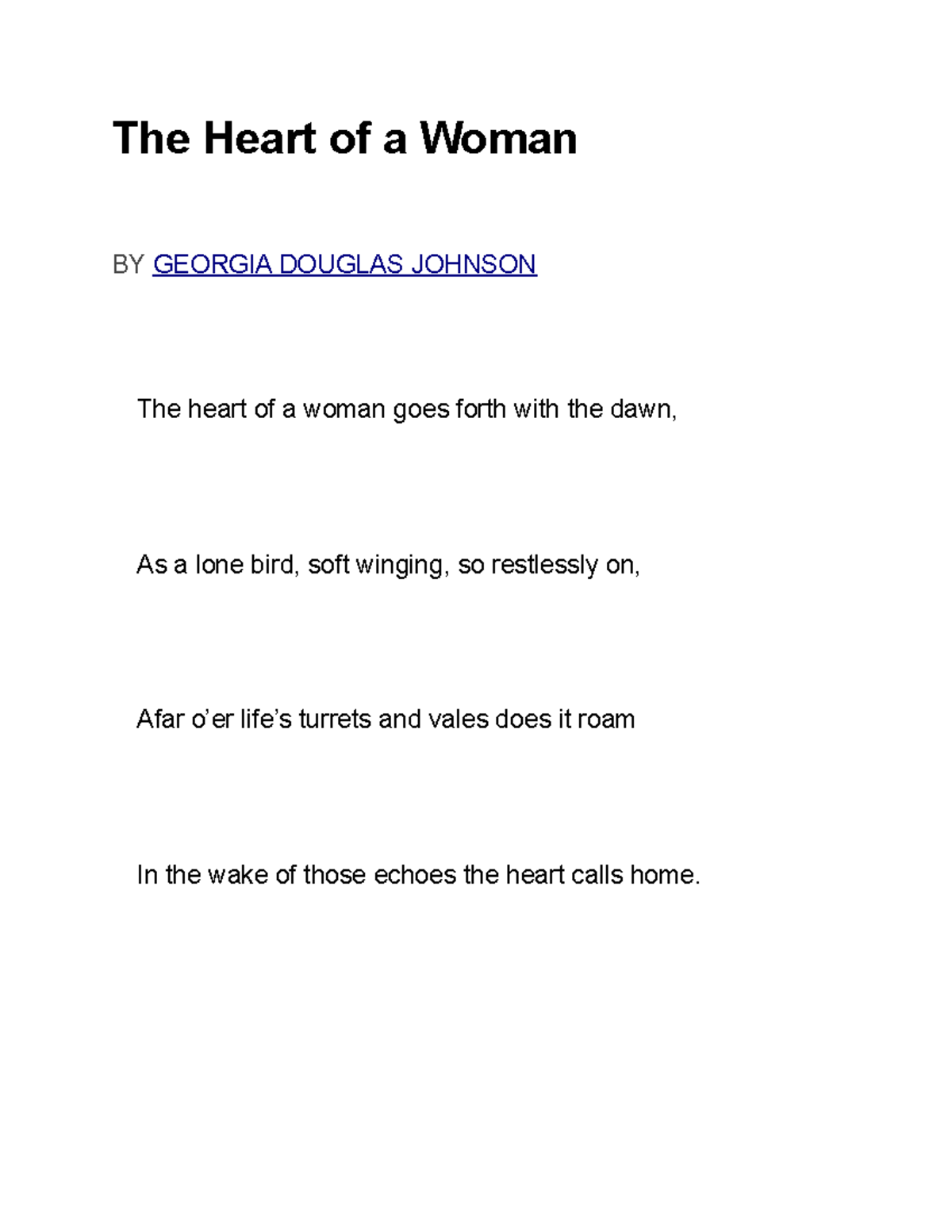 Poem-stephanie peguero - The Heart of a Woman BY GEORGIA DOUGLAS ...