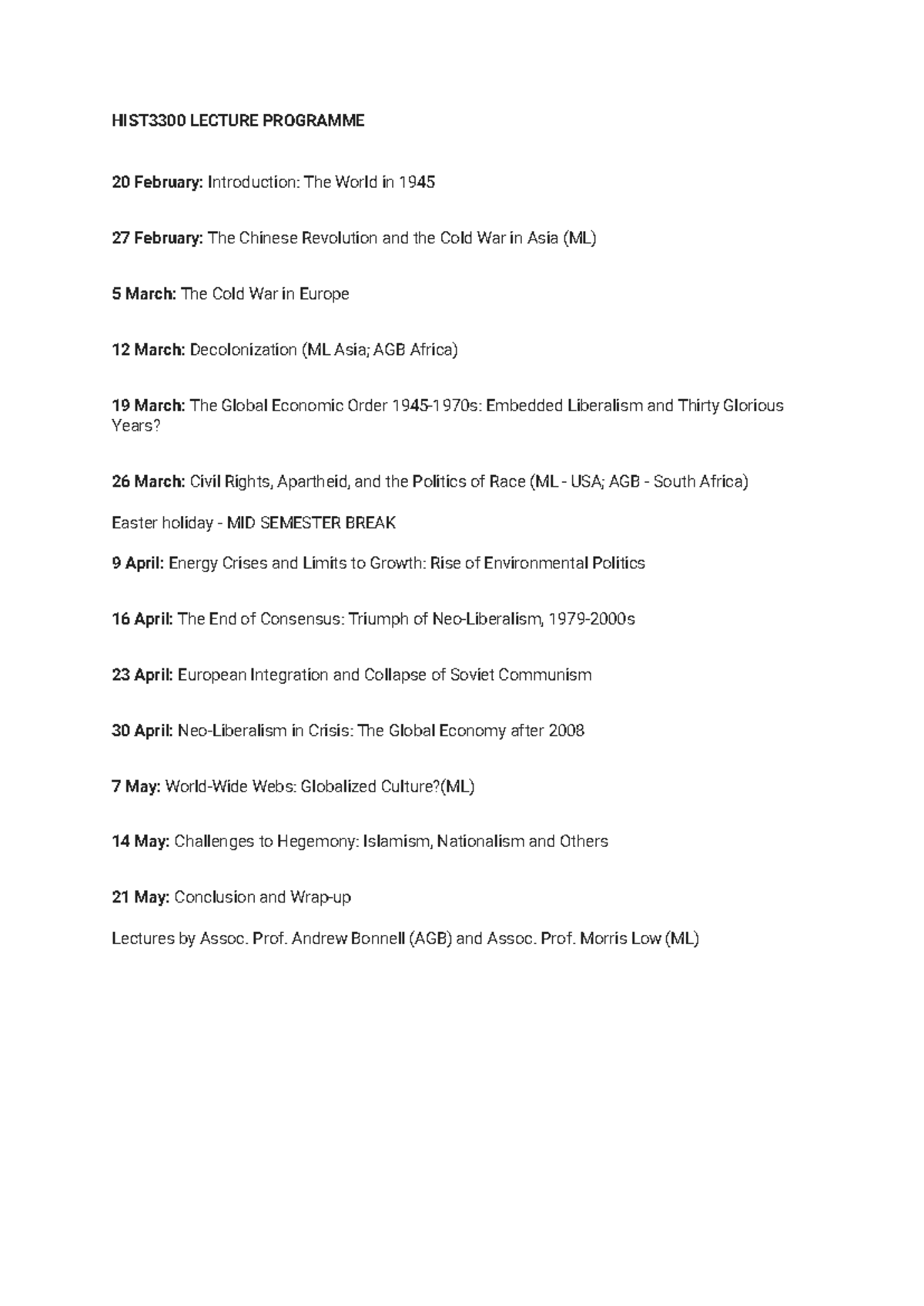 HIST3300 Lecture programme 2024 - HIST3300 LECTURE PROGRAMME 20 ...