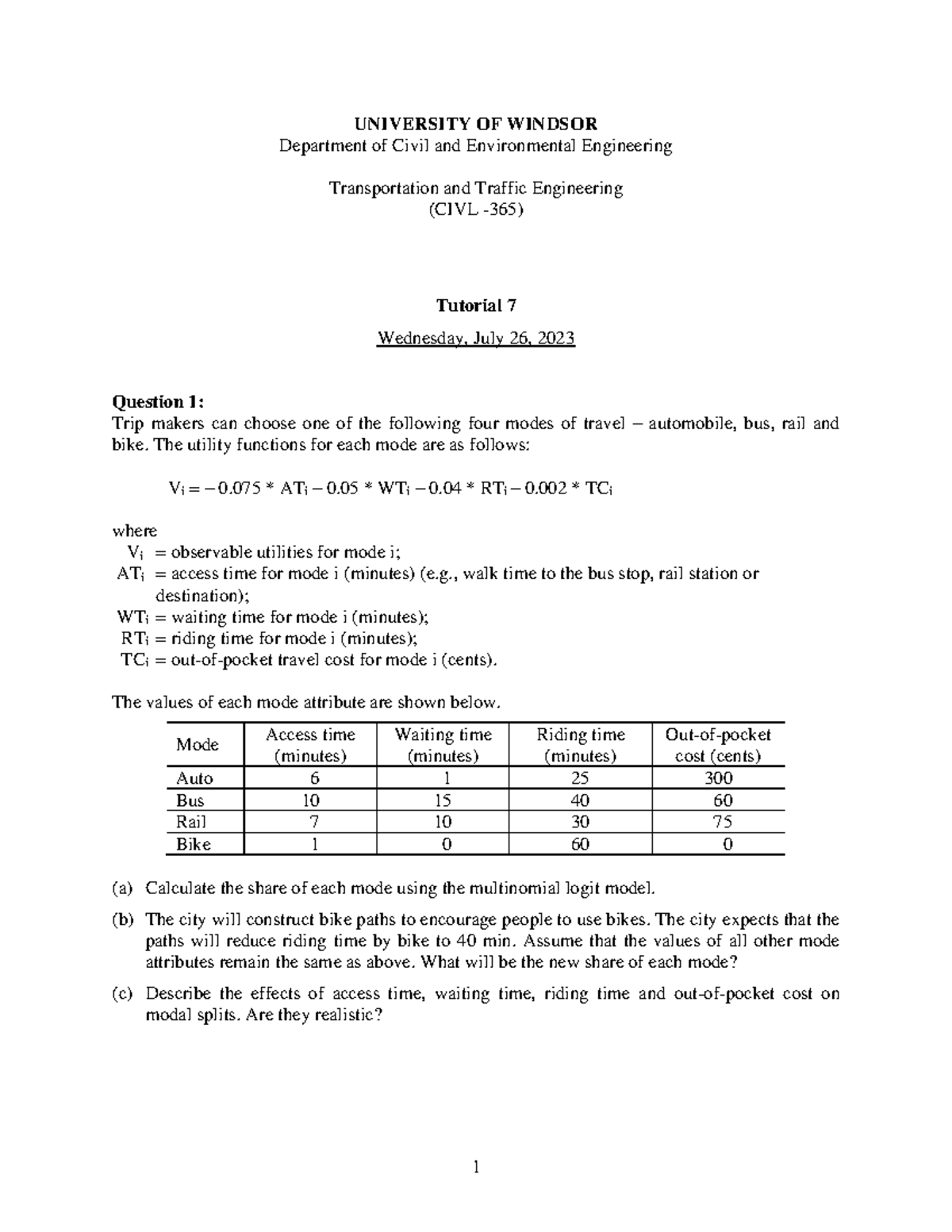 87 365 Tutorial 7 2023 1 University Of Windsor Department Of Civil