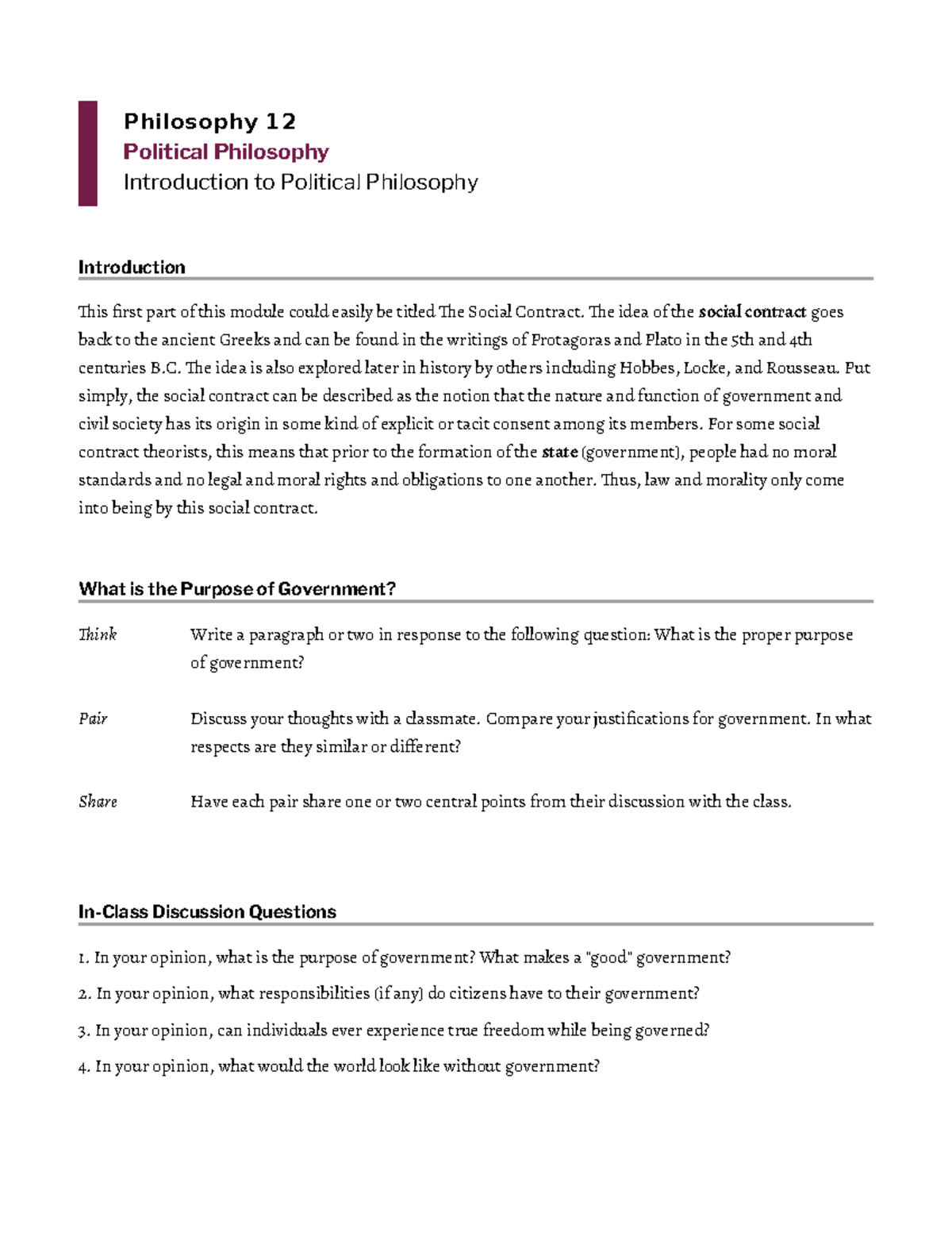 (1) Introduction to Political Philosophy - Philosophy 12 Political ...
