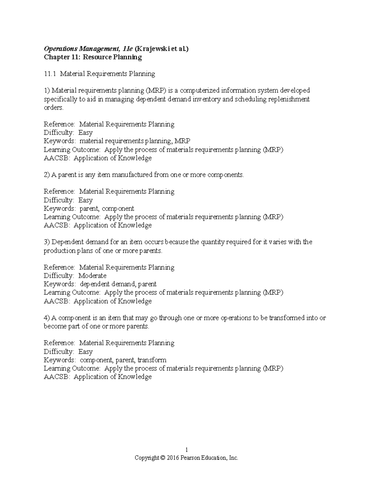 Krajewski 11e TB Ch11 - study materials - Operations Management, 11e (Krajewski et al.) Chapter ...
