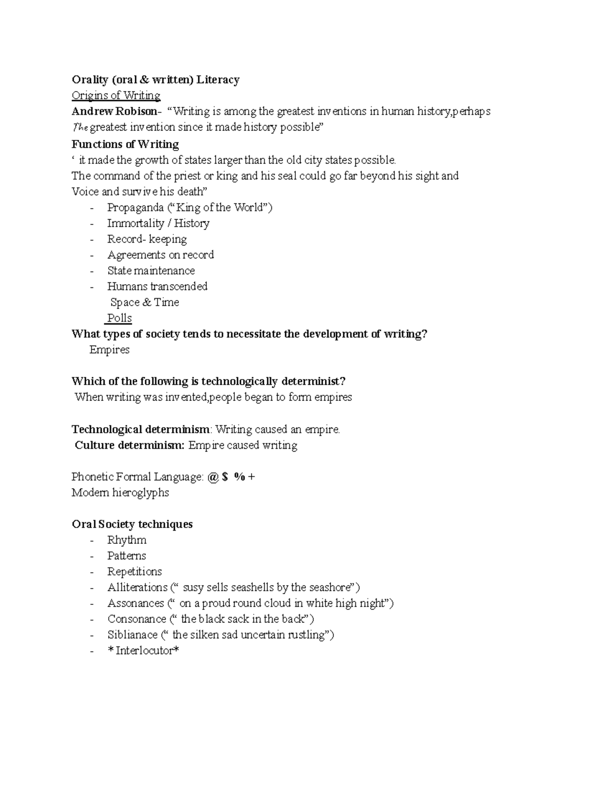 Cs 100 Lecture #4 Notes - Orality (oral & written) Literacy Origins of ...