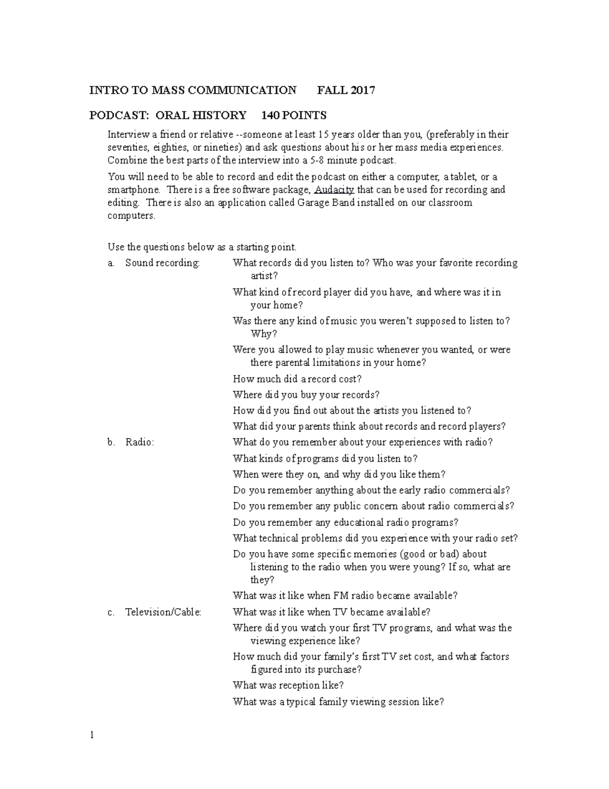 Podcast assignment Brief Fall 2018 Hybrid - INTRO TO MASS COMMUNICATION ...