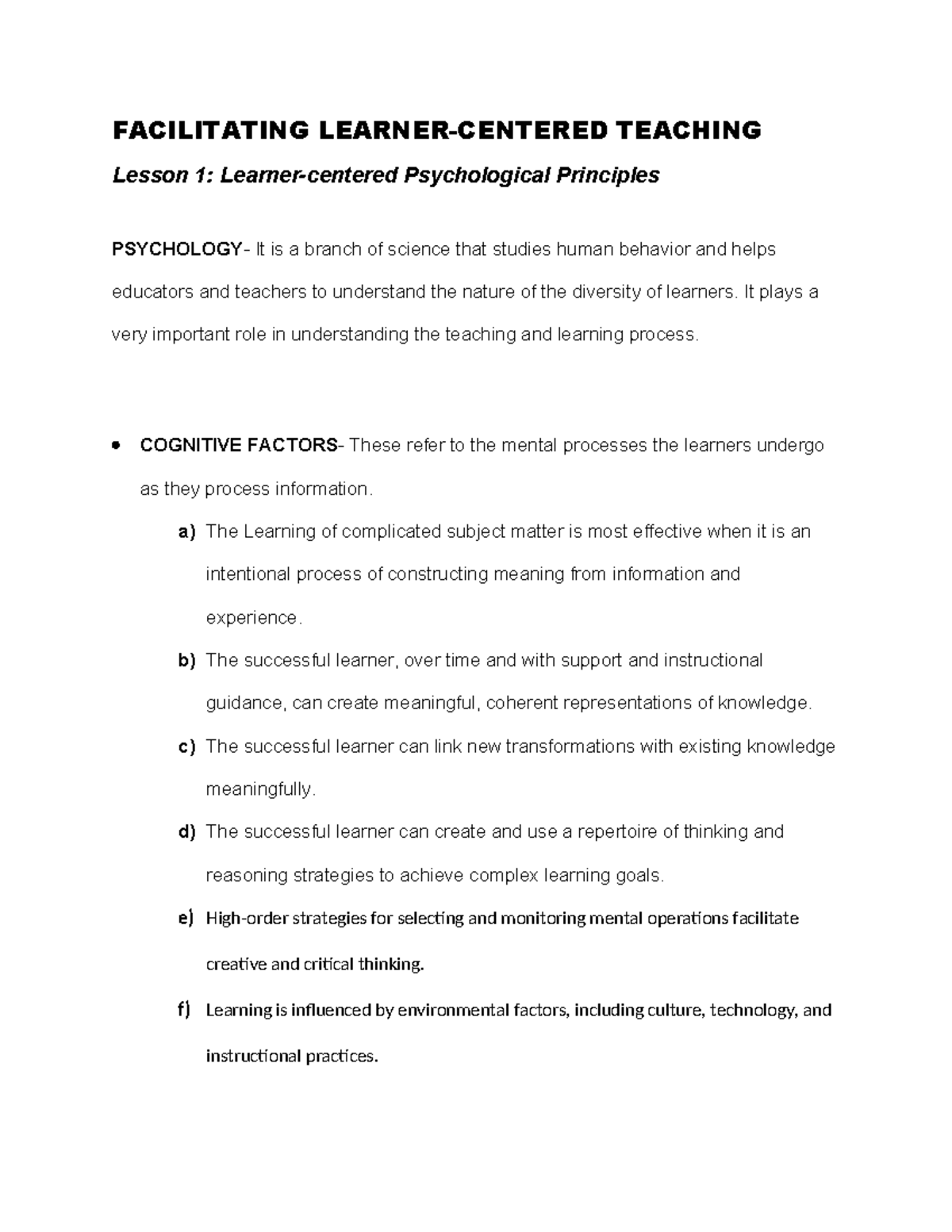FACI Reviewer - FACILITATING LEARNER-CENTERED TEACHING Lesson 1: Learner-centered Psychological ...