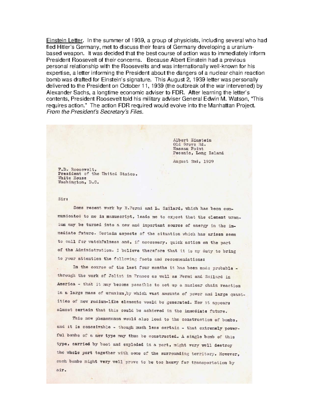 Einstein Letter - In the summer of 1939, a group of physicists ...
