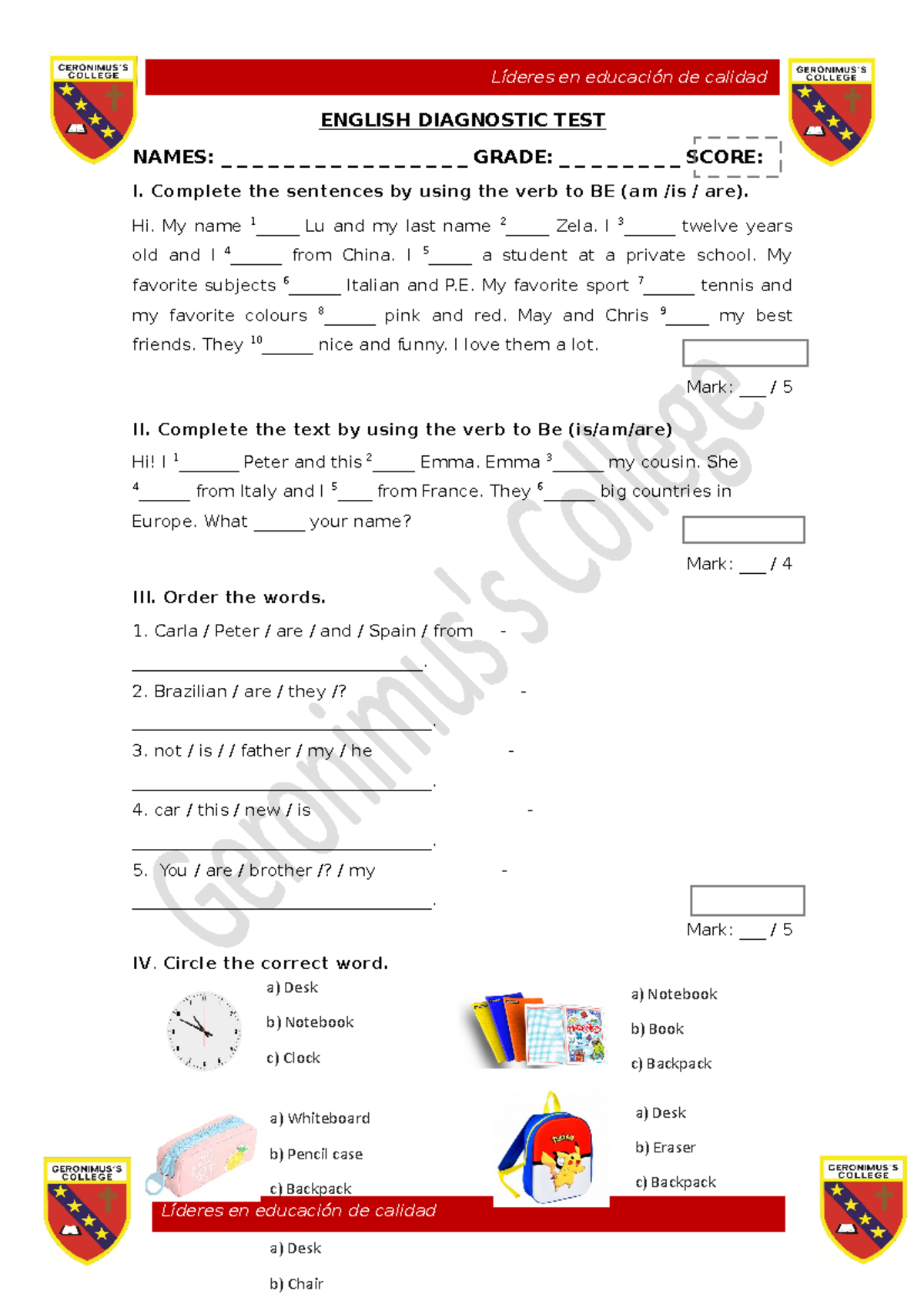 English diagnostic test - 6to Prim - ENGLISH DIAGNOSTIC TEST NAMES