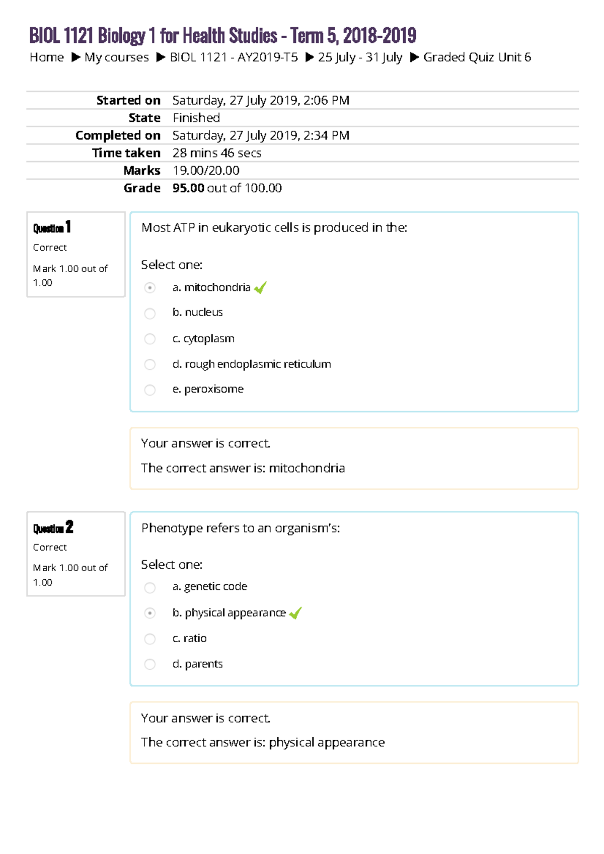 Graded Quiz Unit 6.BIOL 1 - Home My courses BIOL 1121 - AY2019-T5 25 ...
