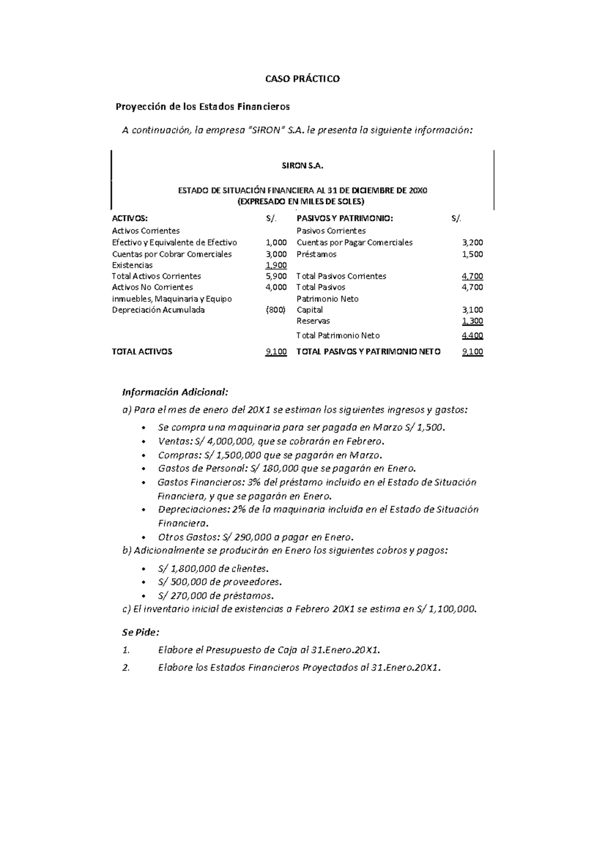 CASO Practico Siron S.A - CASO PR¡CTICO ProyecciÛn de los Estados Financieros A continuaciÛn, la ...