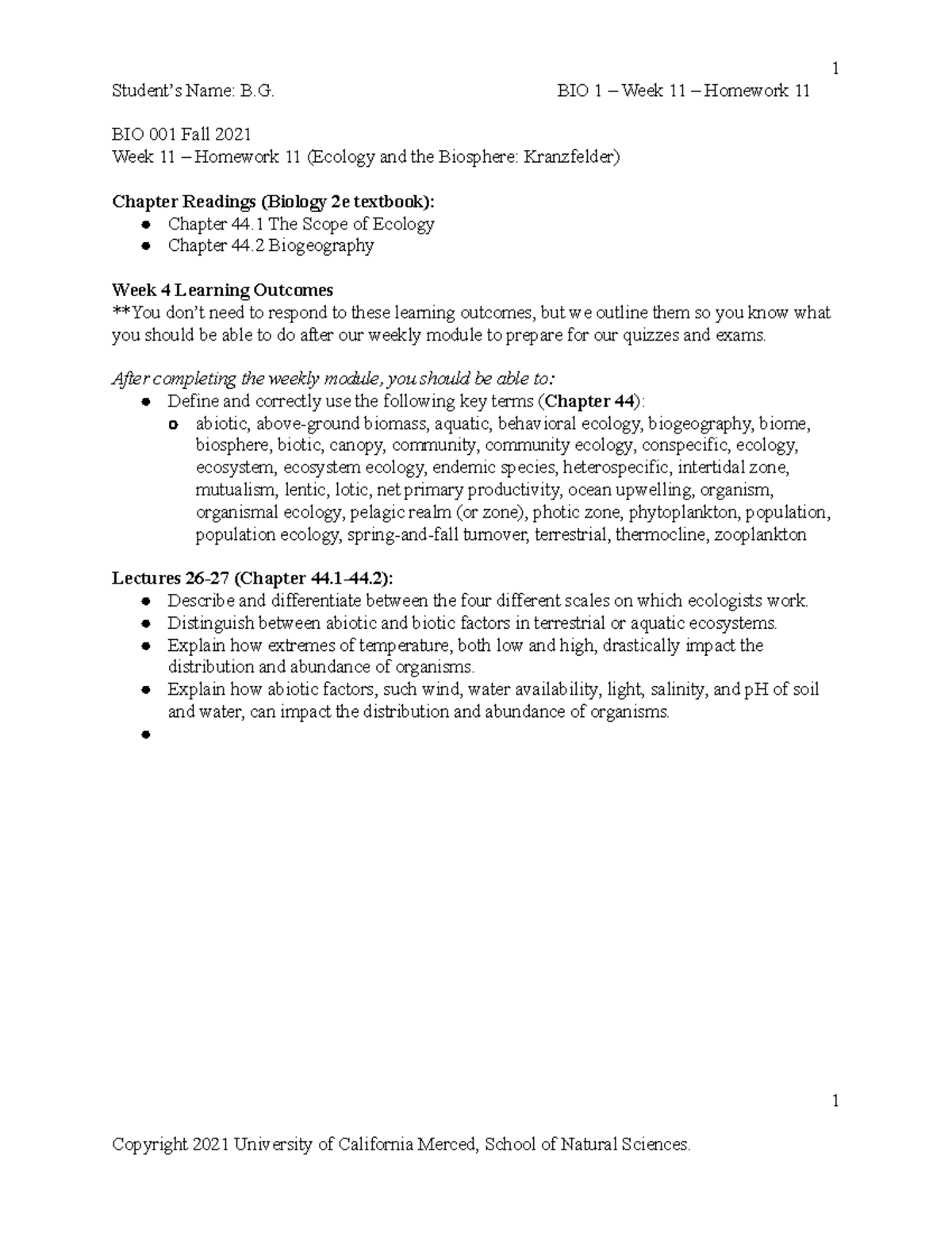 Bio 001 homework week 11 - Student’s Name: B. BIO 1 – Week 11 ...