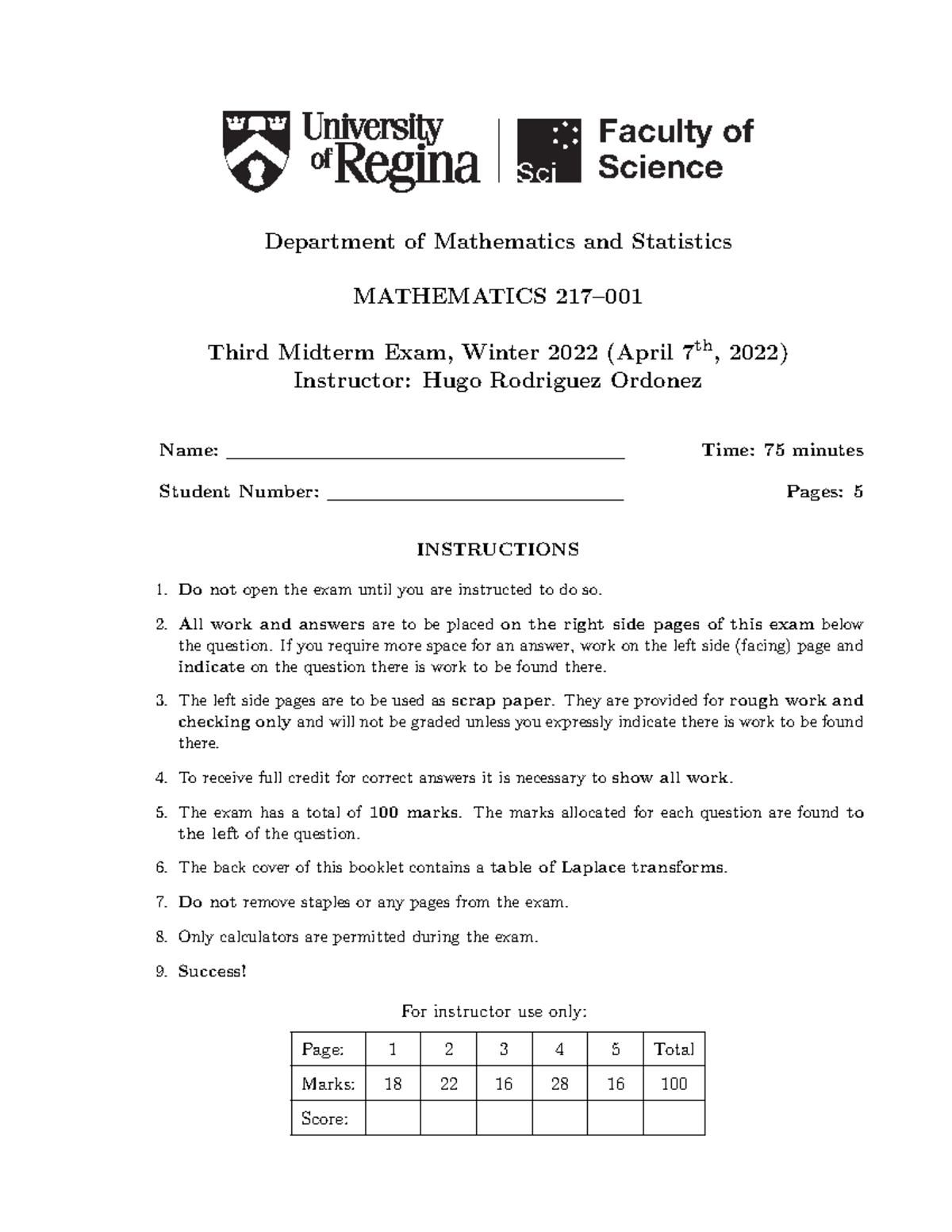 Midterm 3 Questions - Faculty of Science Department of Mathematics and Statistics MATHEMATICS ...