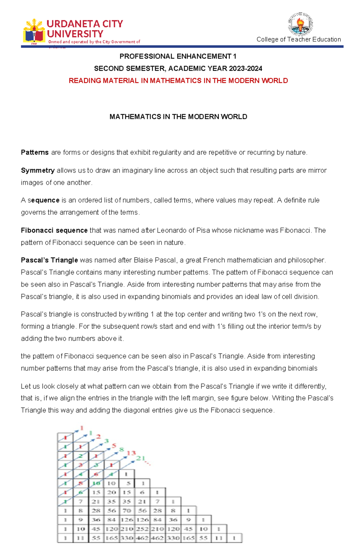 Material in Mathematics IN THE Modern World - UNIVERSITY URDANETA CITY ...