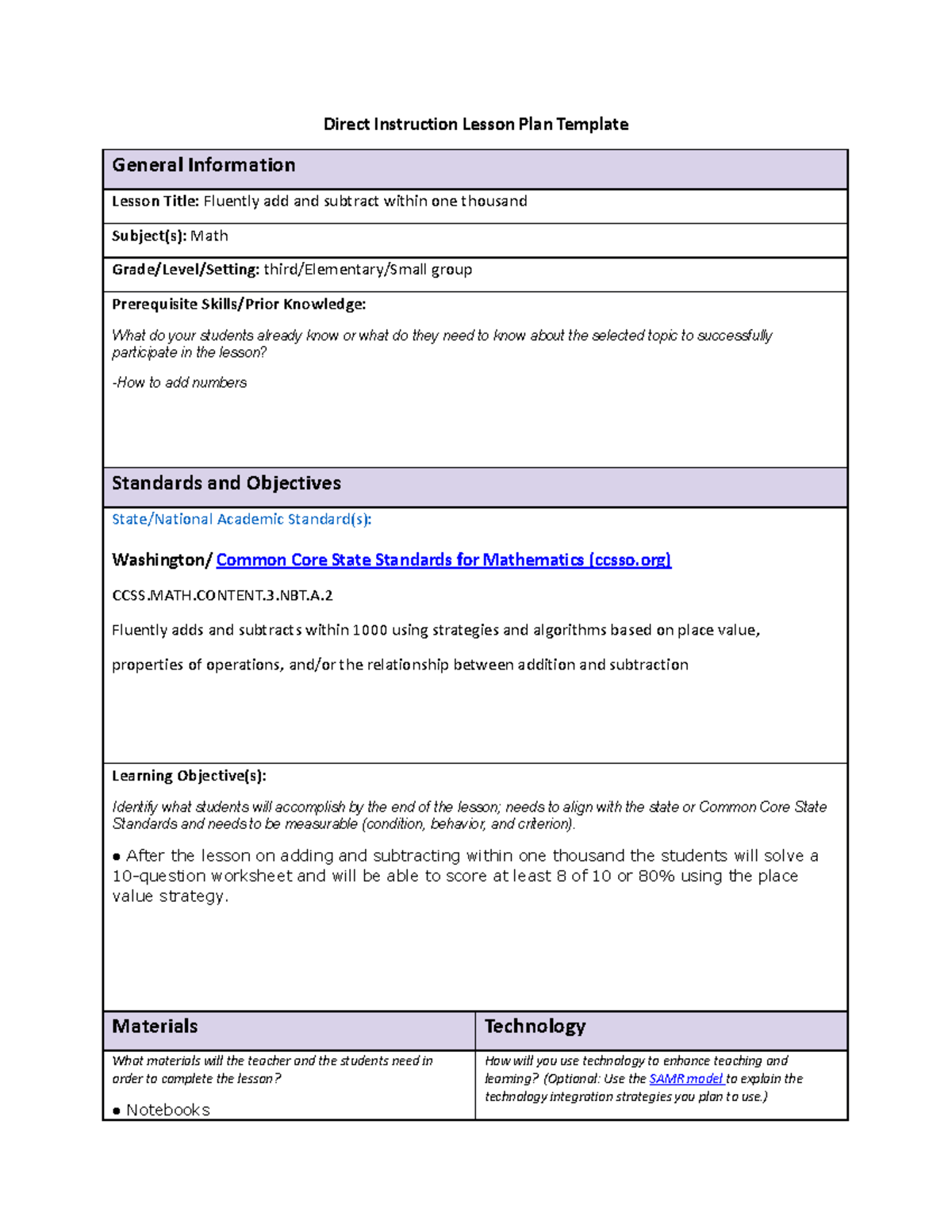 Task 2 lesson plan 2nd attempt - Direct Instruction Lesson Plan ...