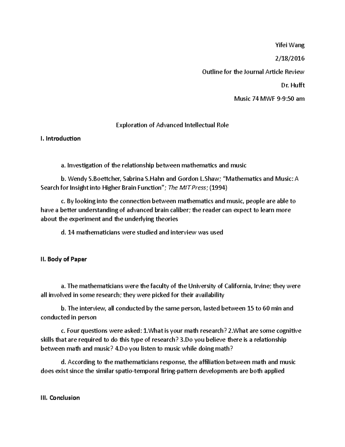 Outline for journal article review 2 - Yifei Wang Outline for the ...