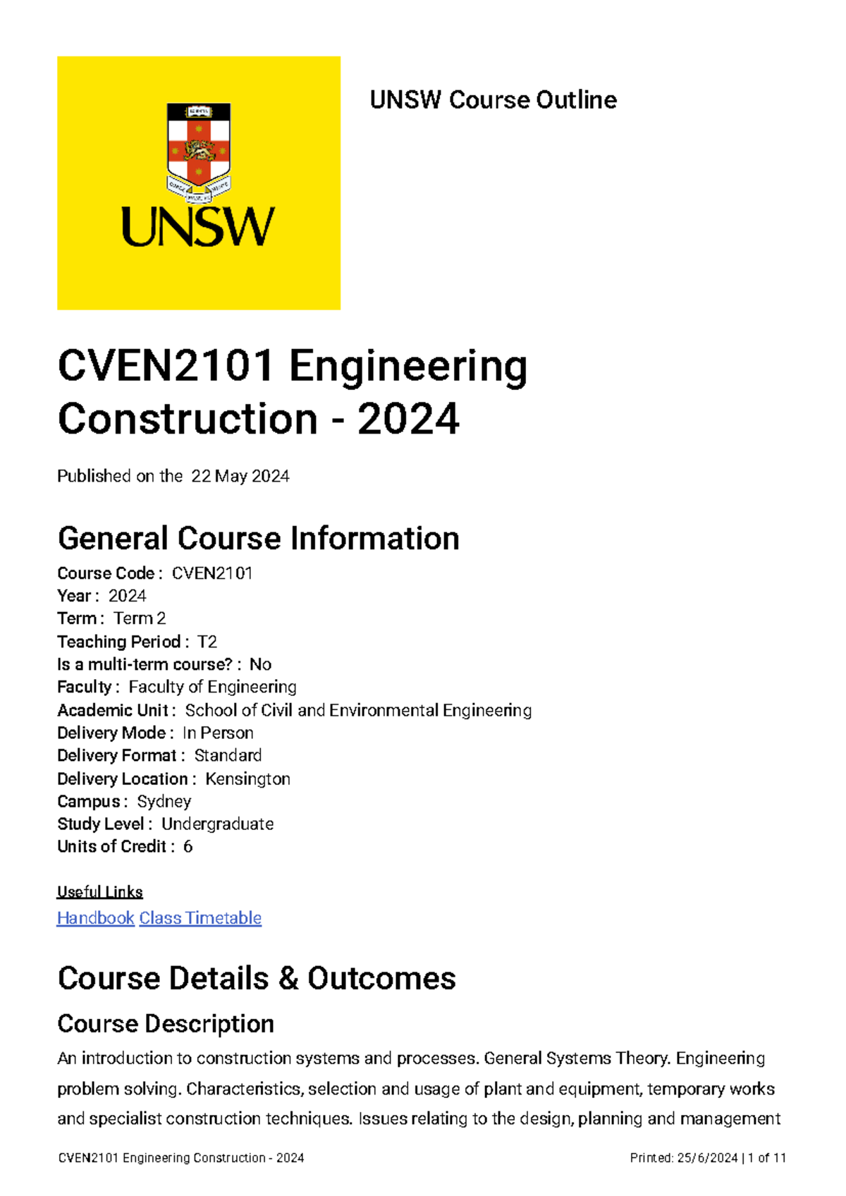 Course Outline Engineering Construction - UNSW Course Outline CVEN2101 ...