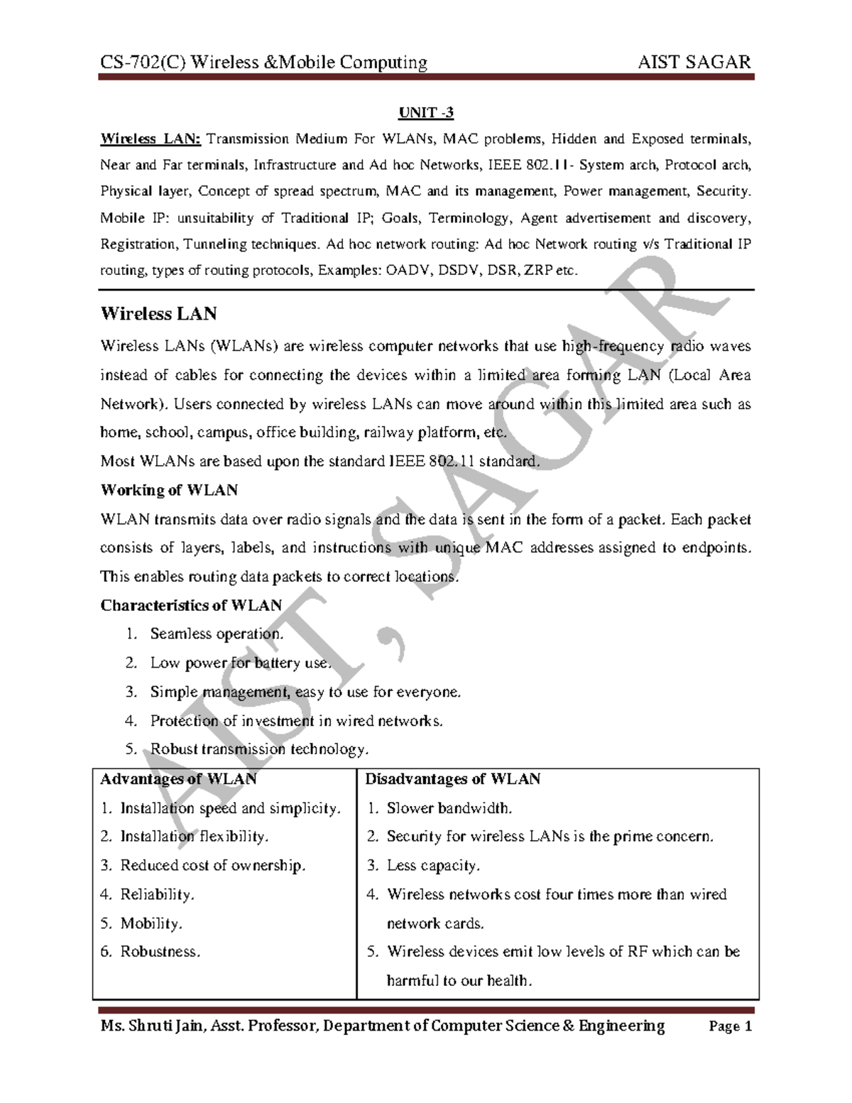 WMC-Unit 3 - Good - UNIT - Wireless LAN: Transmission Medium For WLANs, MAC problems, Hidden and ...