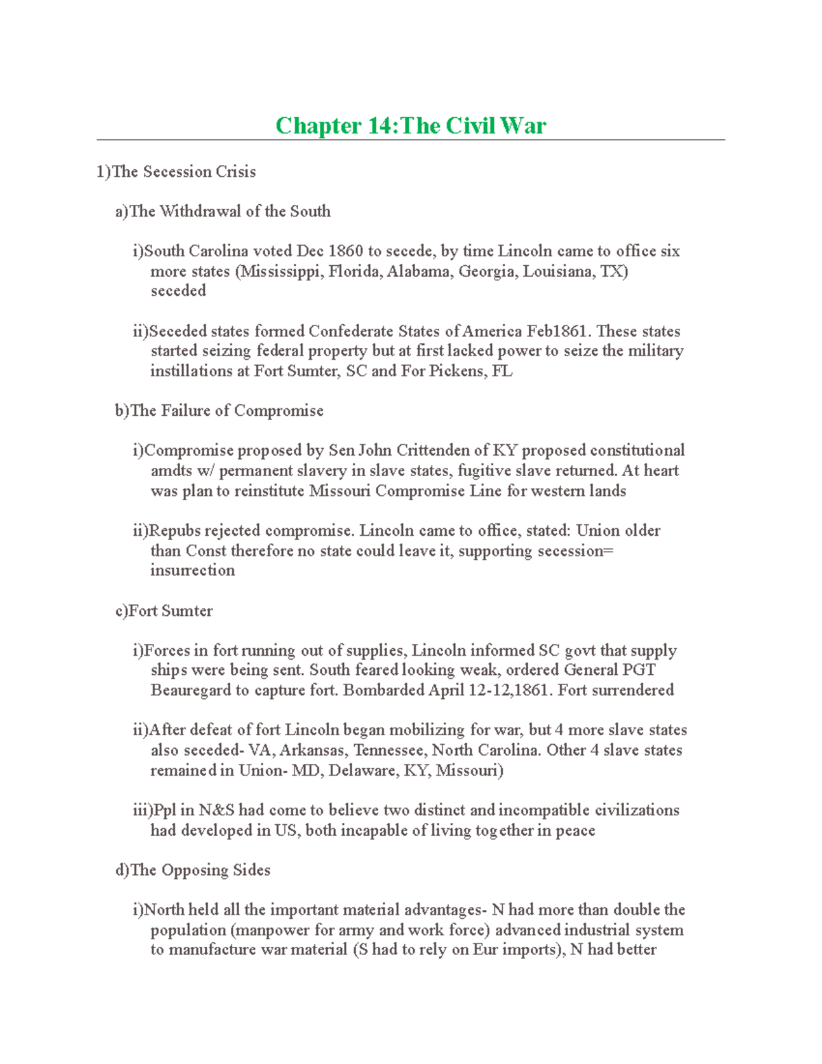 The Civil War - Chapter 14:The Civil War 1)The Secession Crisis a)The ...