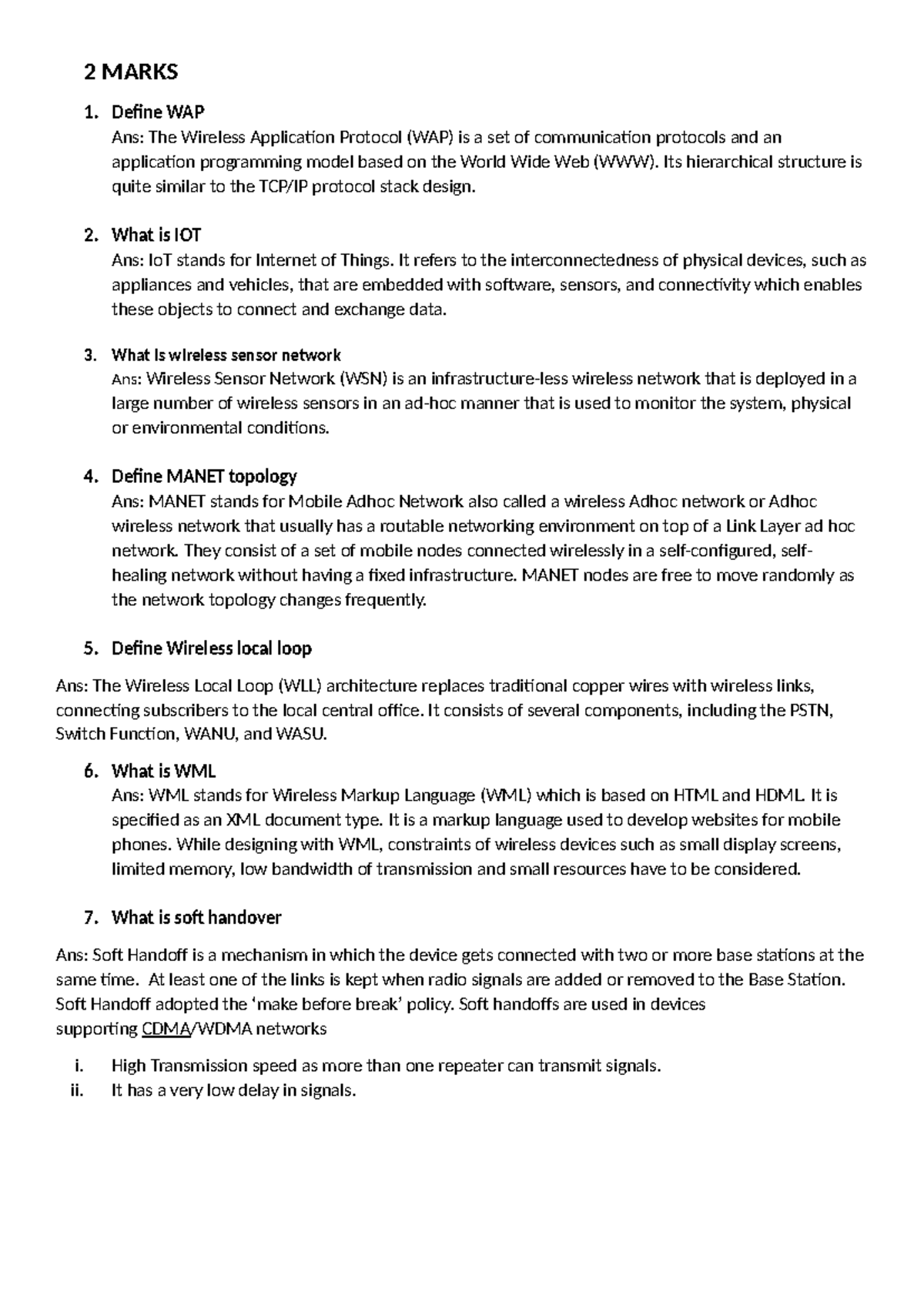 WMN Solved Question BANK - 2 MARKS 1. Define WAP Ans: The Wireless Application Protocol (WAP) is ...