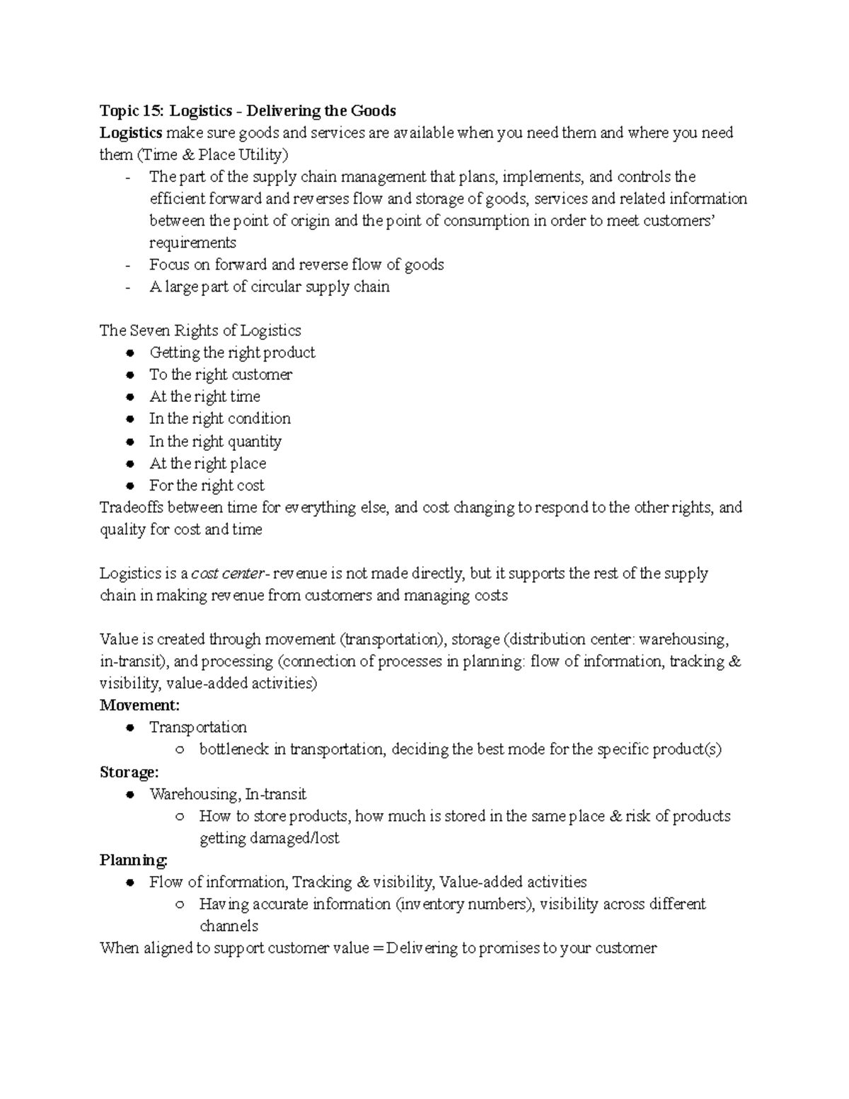 Topic 15 Textbook and Lecture Notes - Topic 15: Logistics - Delivering ...