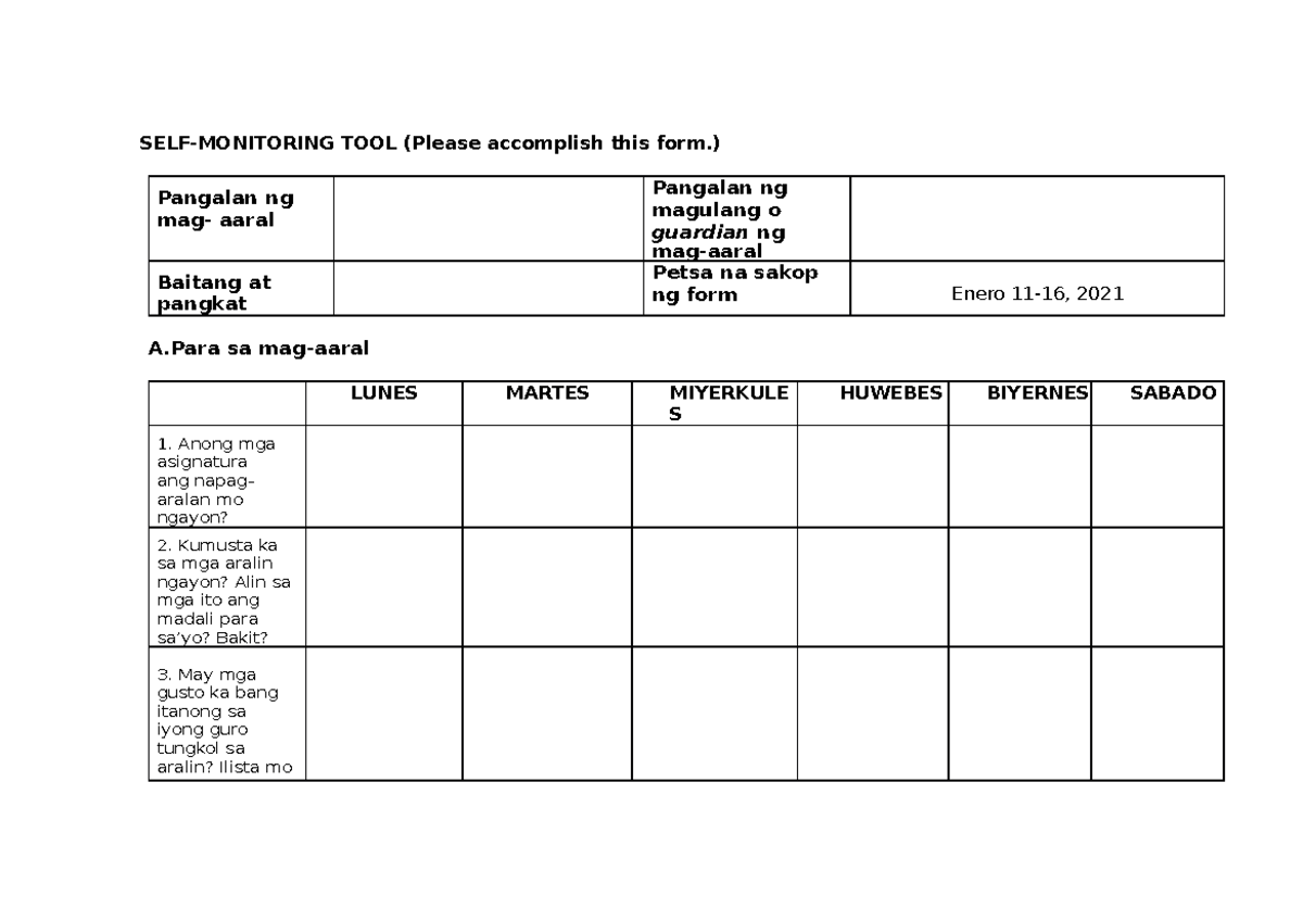 SELF- Monitoring-TOOL - SELF-MONITORING TOOL (Please accomplish this ...