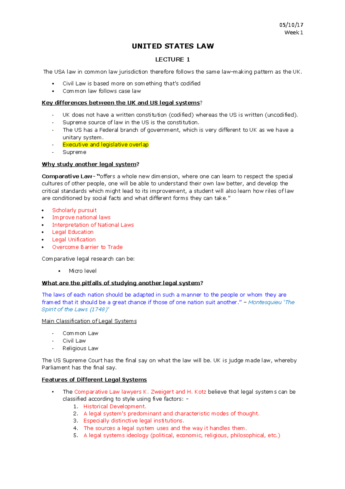 Lecture 1 - 05/10/ Week 1 UNITED STATES LAW LECTURE 1 The USA law in ...