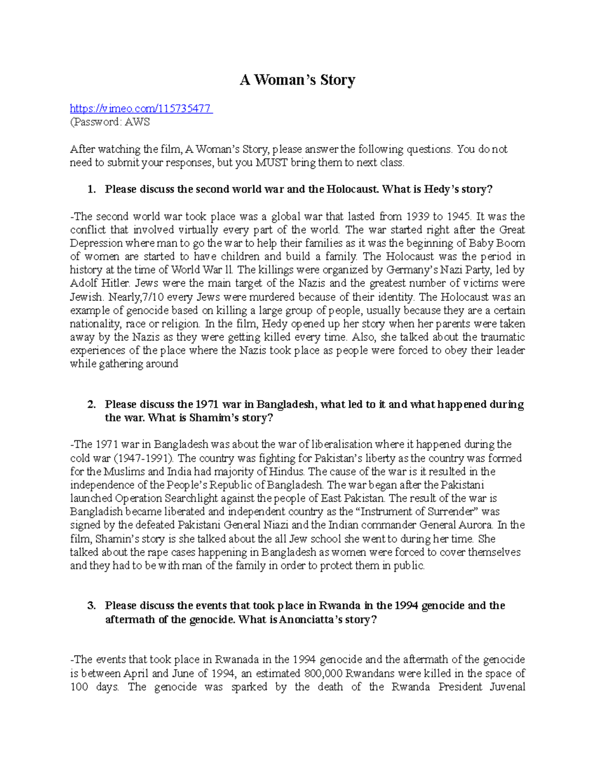 A Womans Story Worksheet - 345-102-MQ - John Abbott - Studocu