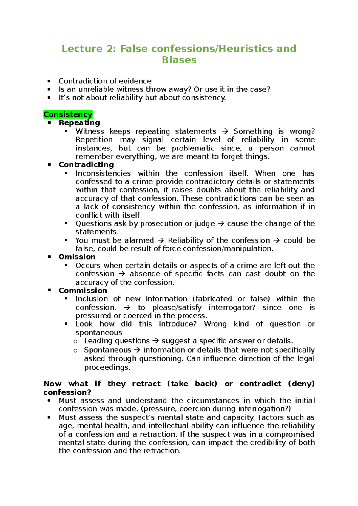 Evidence - Samenvatting - Lecture 2: False confessions/Heuristics and ...