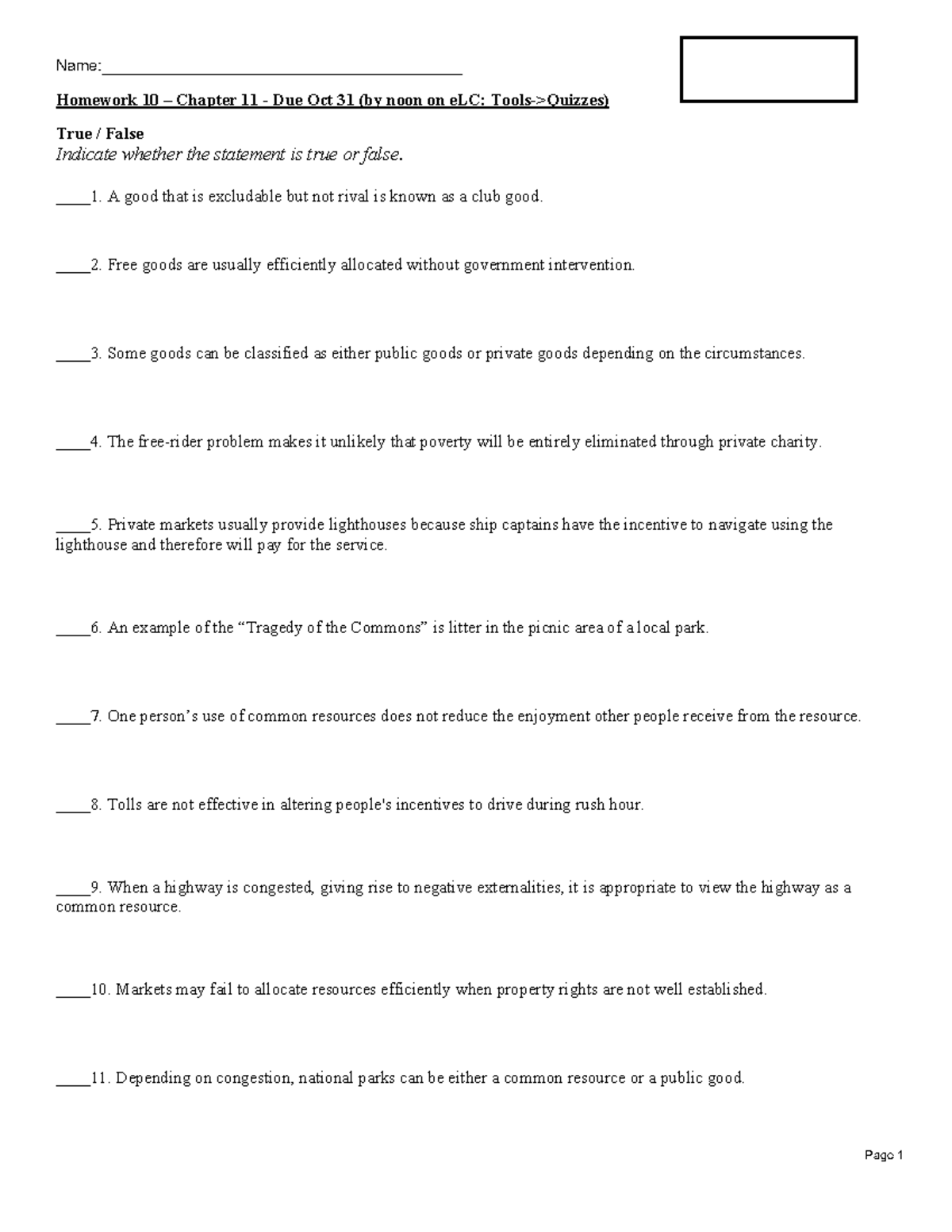 Homework 10 - Homework 10 – Chapter 11 - Due Oct 31 (by noon on eLC ...