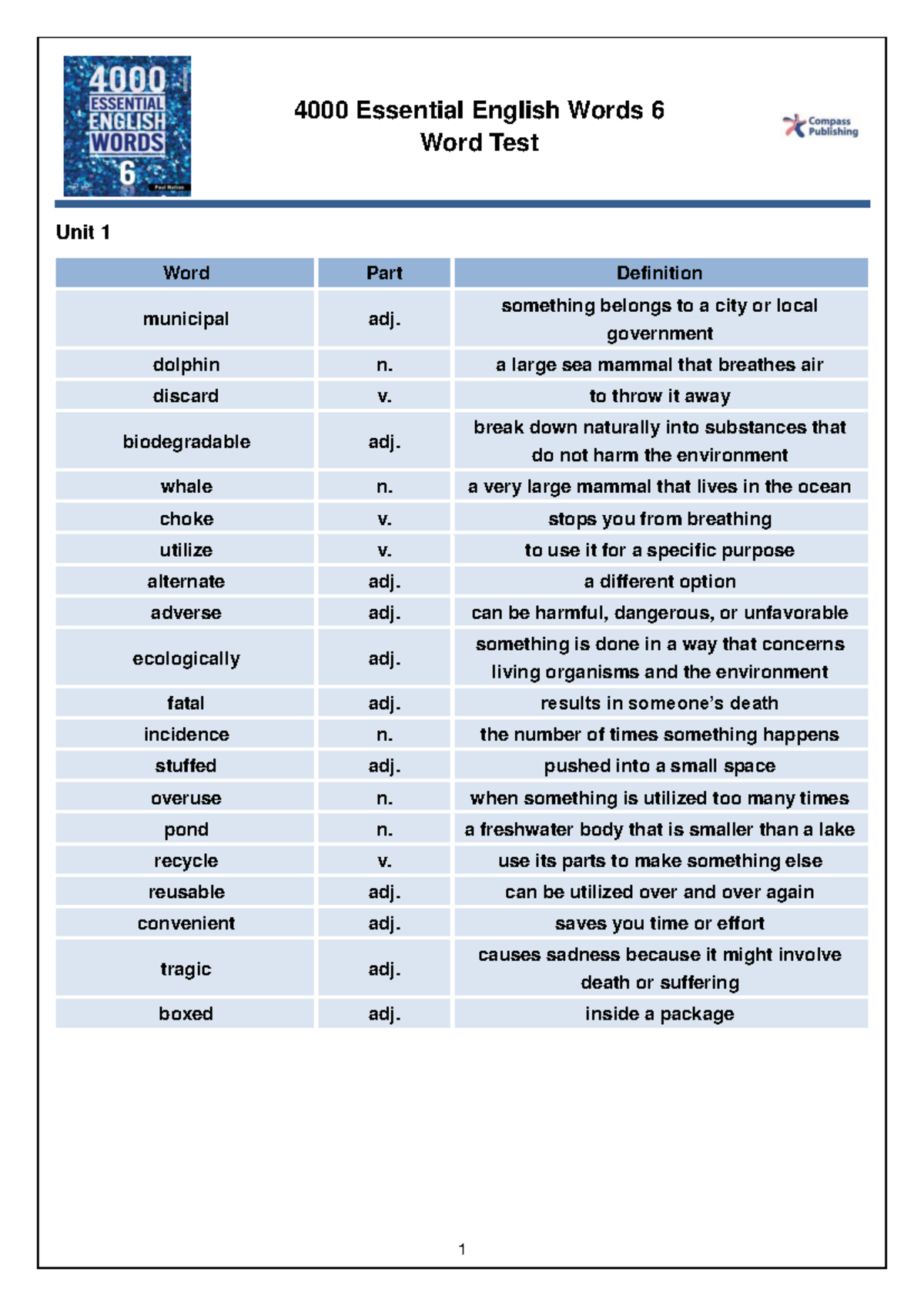 4000EEW6 Word Test ENG AK - Word Test Unit 1 Word Part Definition ...