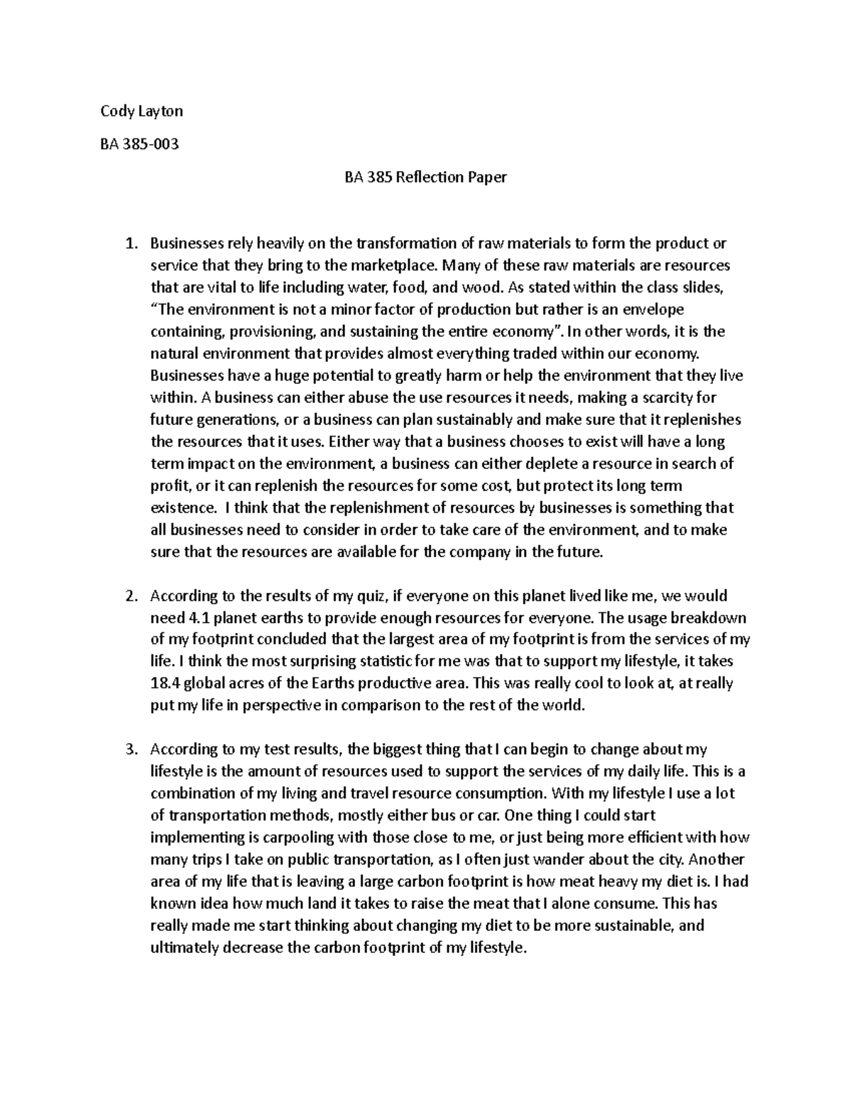 Essay "Mandatory reflection essay - grade A - Cody Layton BA BA 385 ...