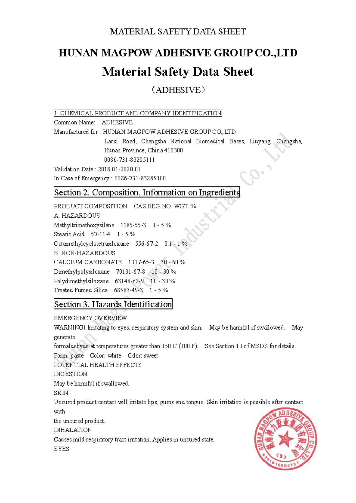 Adhesive- MSDS - HUNAN MAGPOW ADHESIVE GROUP CO.,LTD Material Safety ...